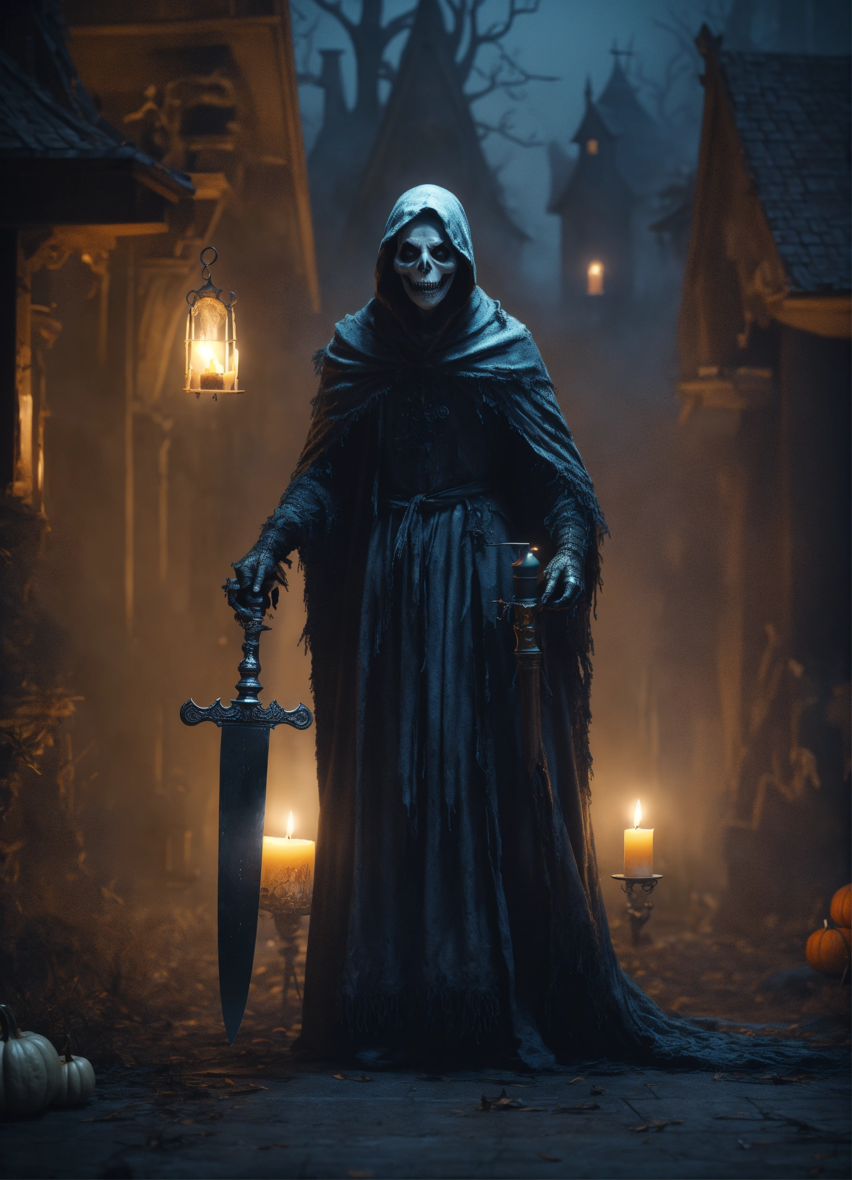 Lexica - A very scary ghost holding a large knife, Halloween, night ...