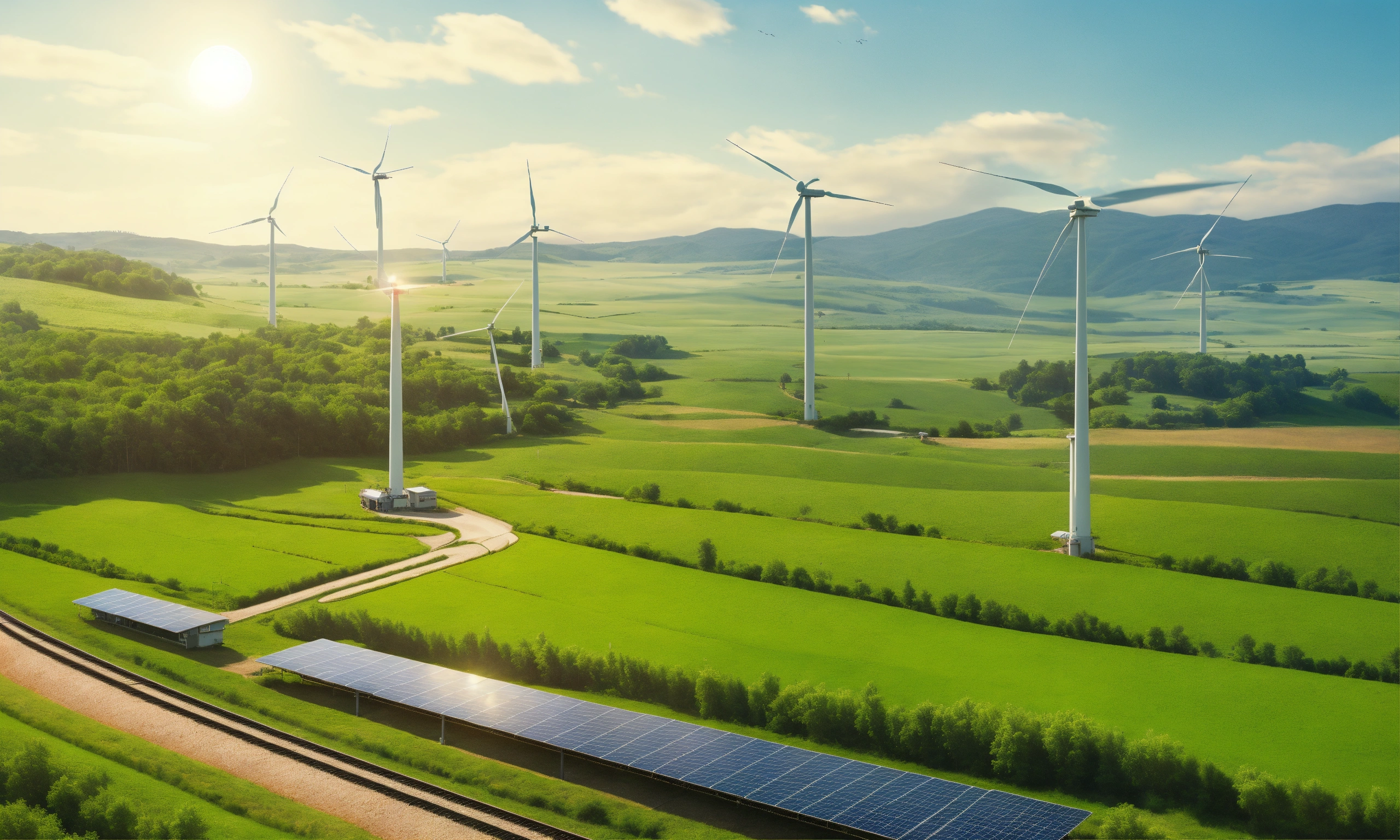 Lexica - Landscape with green landscape, blue sky, some wind turbine ...