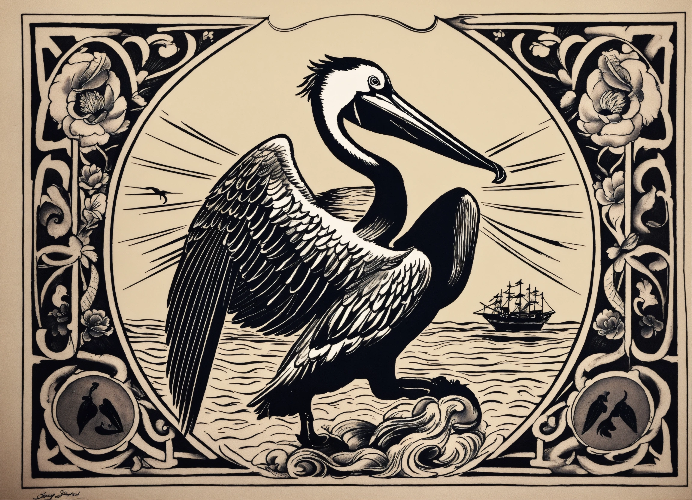 Lexica - Black and white, pelican flash tattoo, lucky horseshoe, white ...
