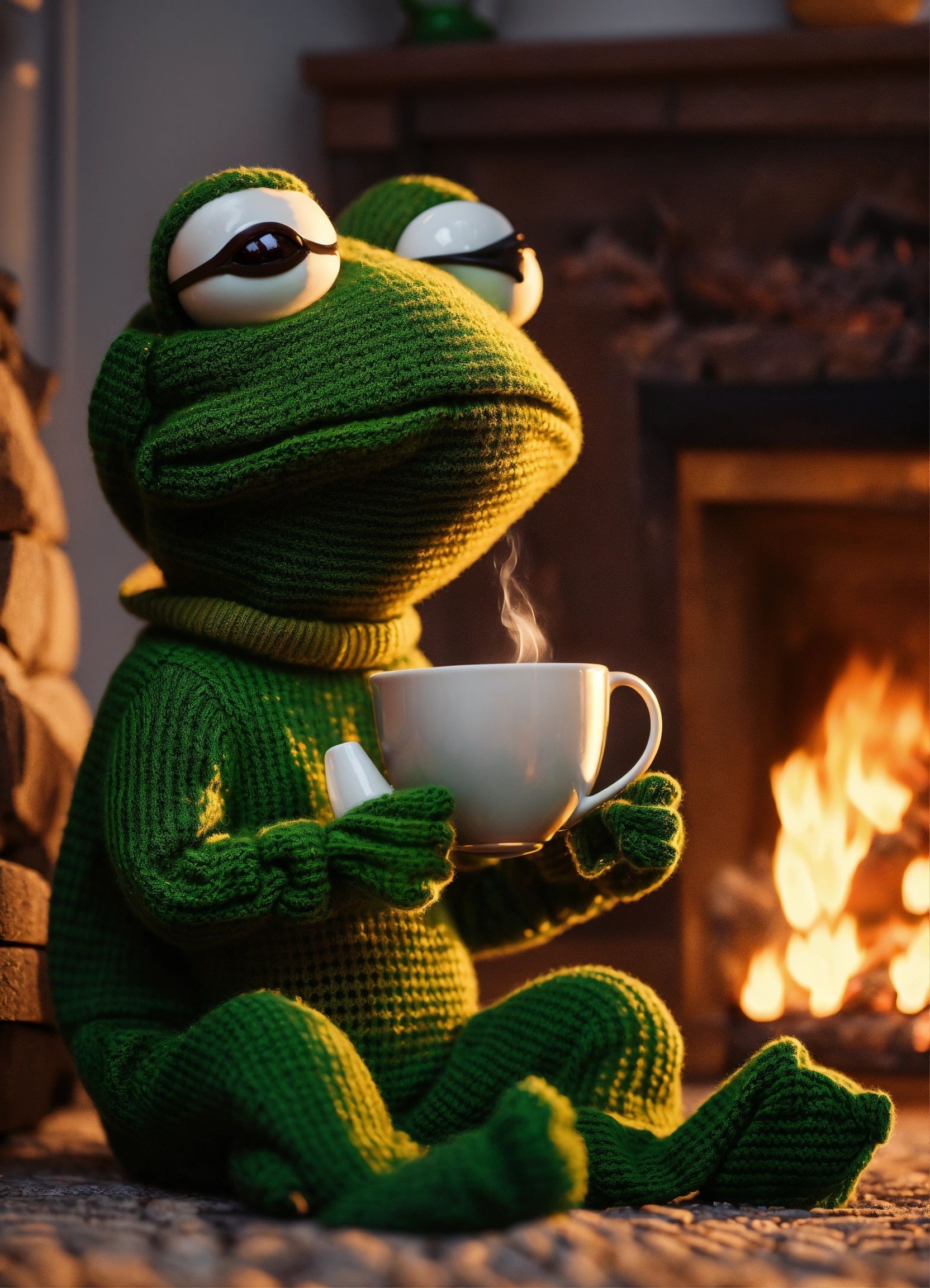 Lexica - Three female tiny pepe the frog sipping tea wearing a cozy ...