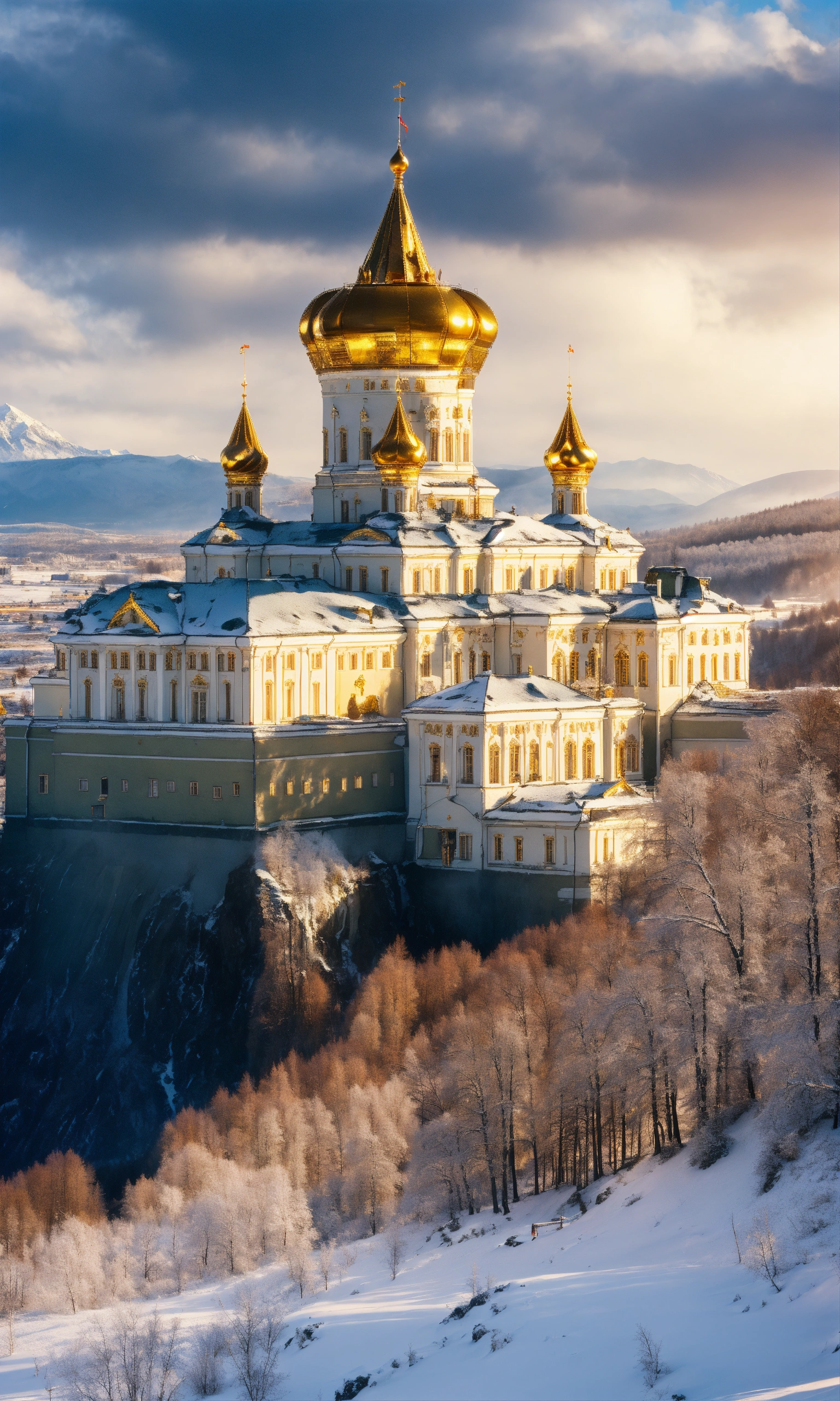 Lexica - Russian royal castle with golden roof in foreground and winter ...