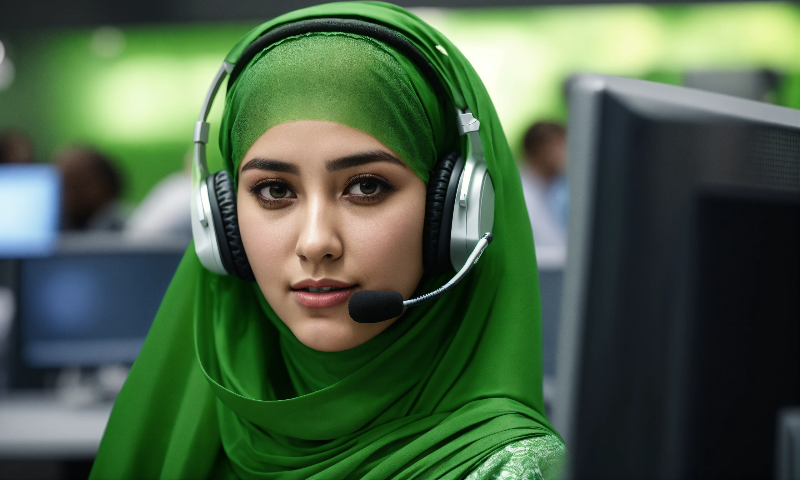 Lexica - Saudi women, in call center, head phone, veiled, green ...