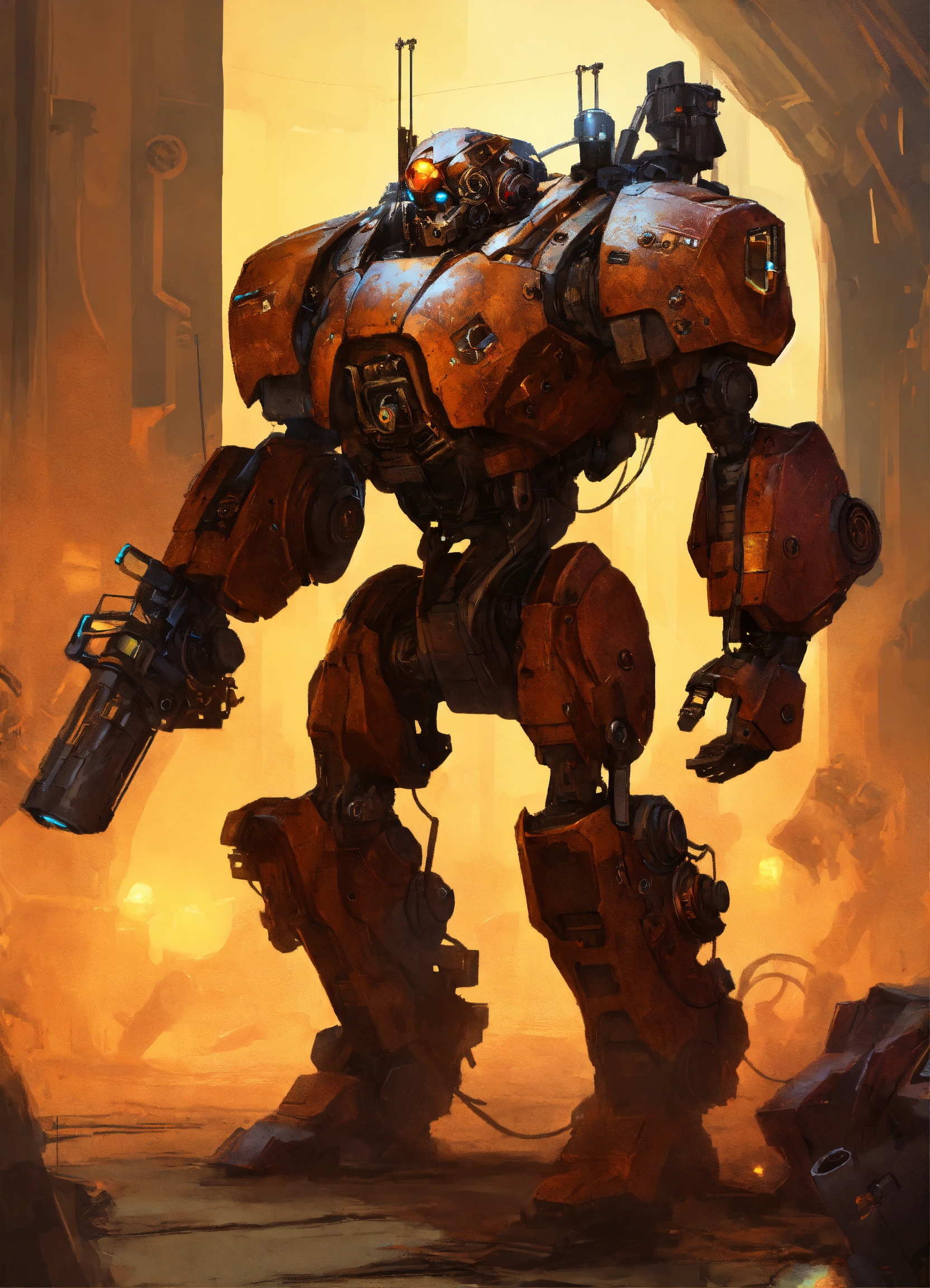 Lexica - An evil cyborg with a rusty, bulky body charges forward