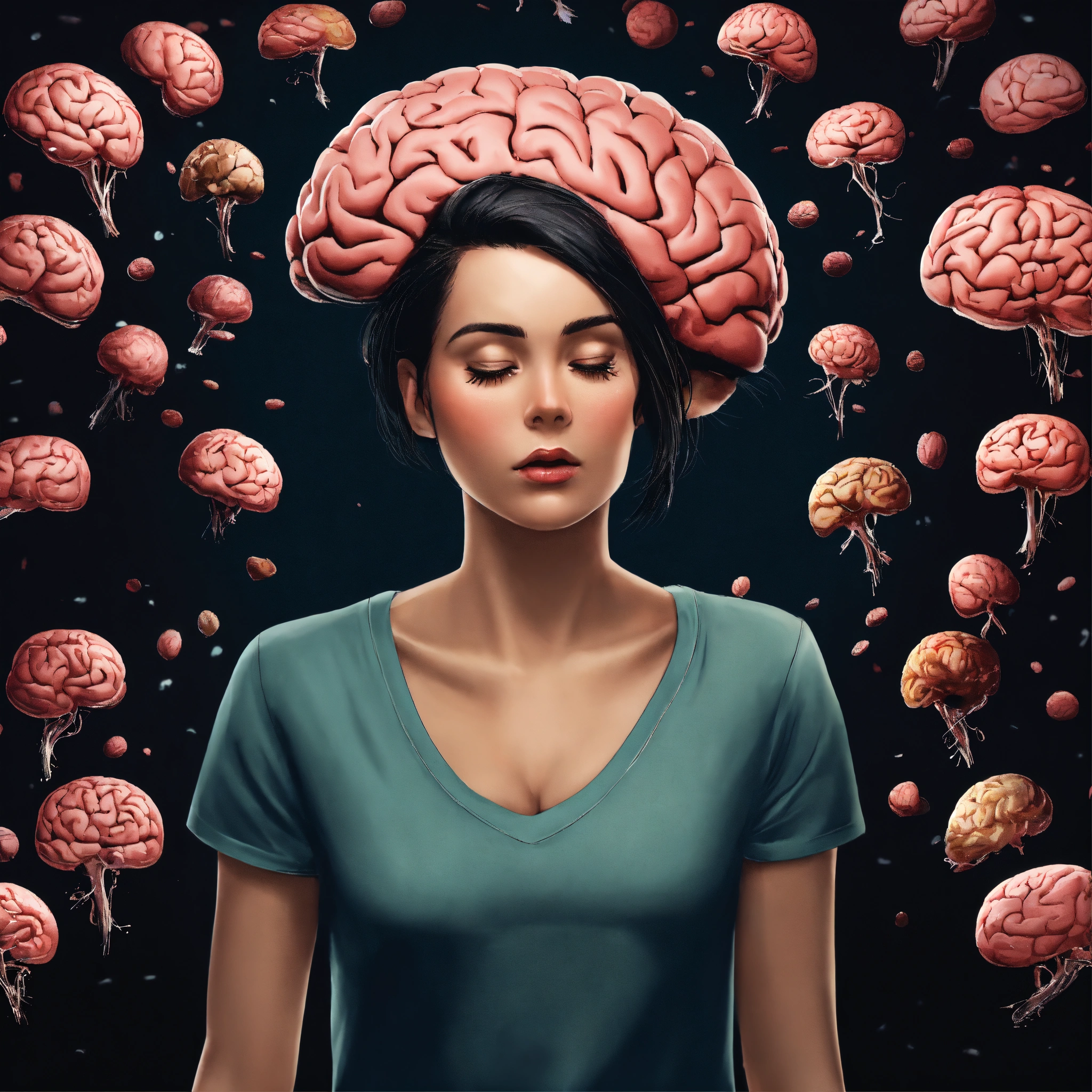Lexica - Woman racks her brains and can't make a decision, black background, a lot of empty ...