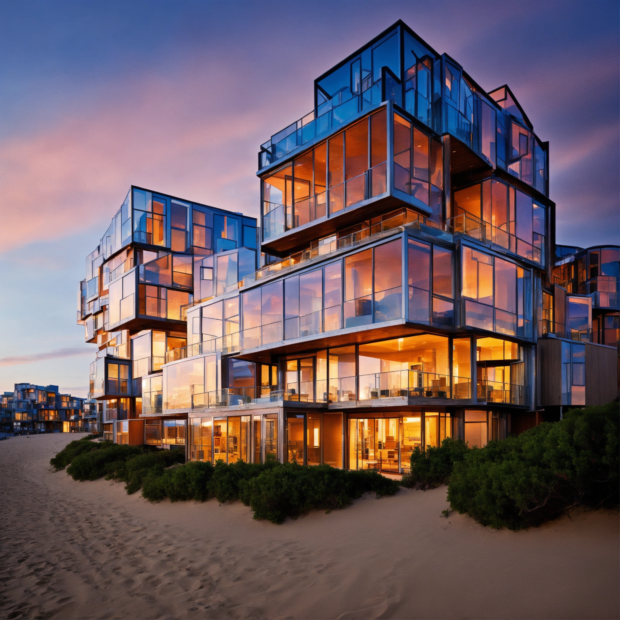 Lexica - Frank Gehry high-tech glass apartment complex on the beach.