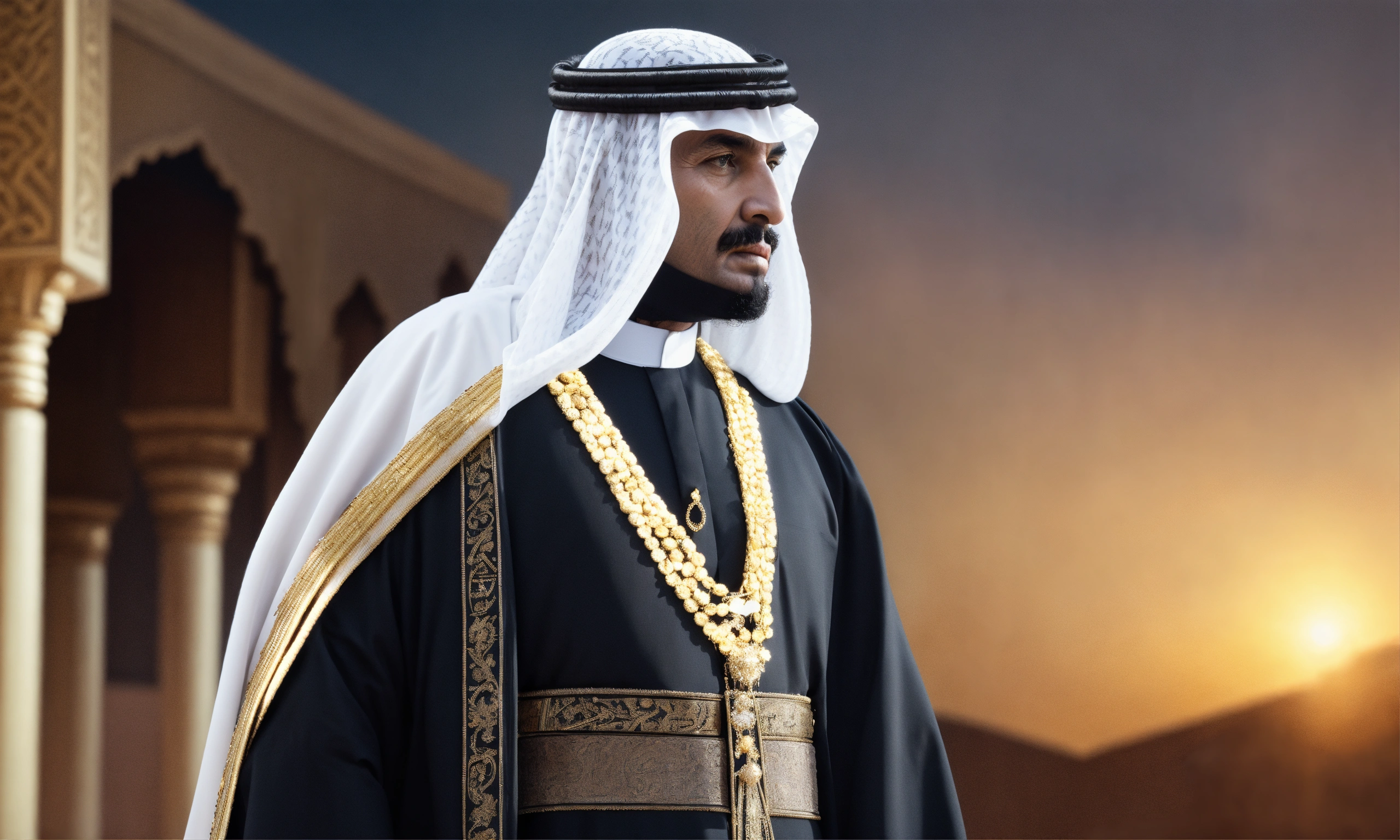 Lexica - Saudi old king, traditional costume, standing, looking side ...