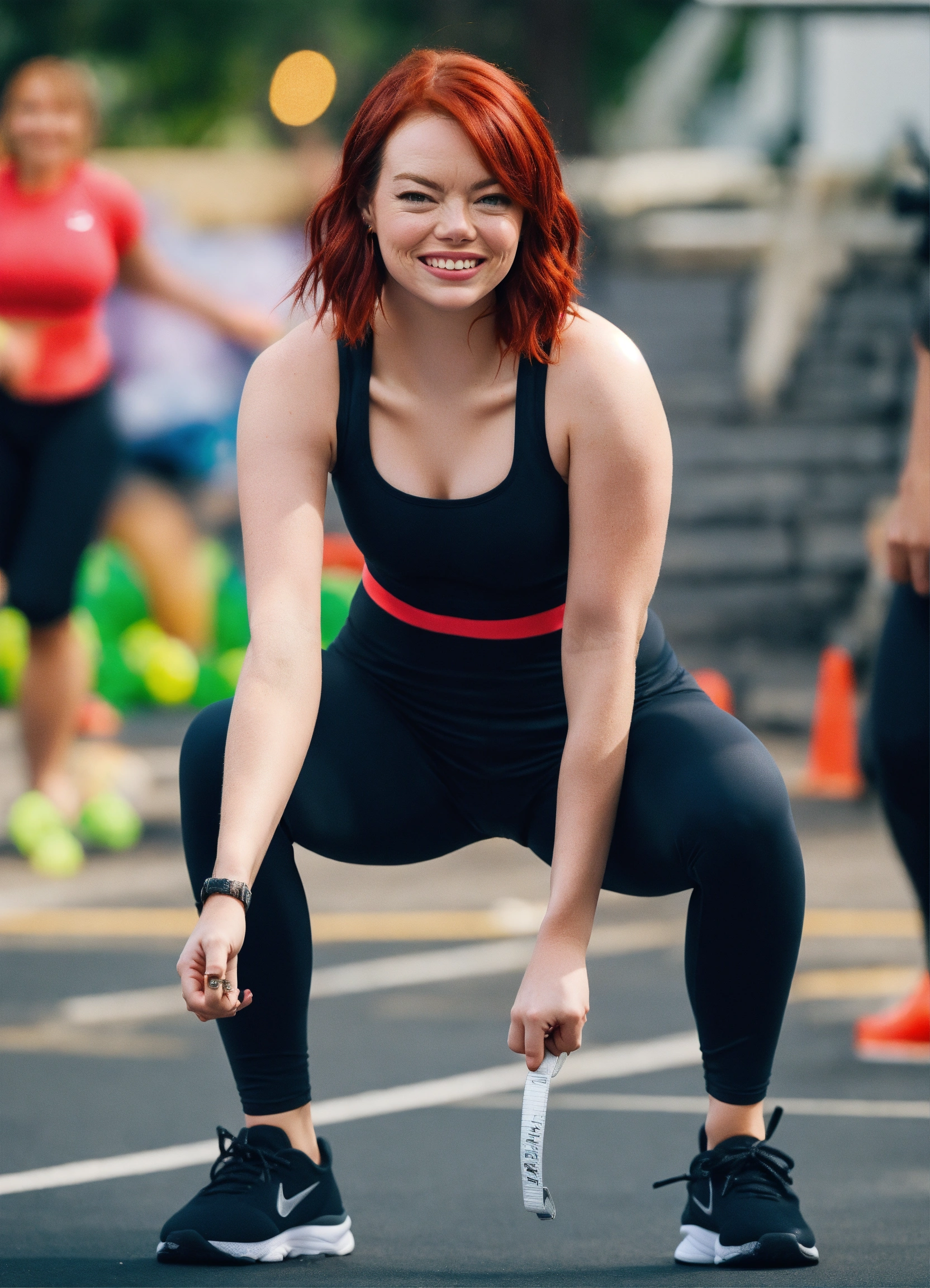 Lexica - Emma Stone in gymshark leggings, red hair, movie set, smiling ...