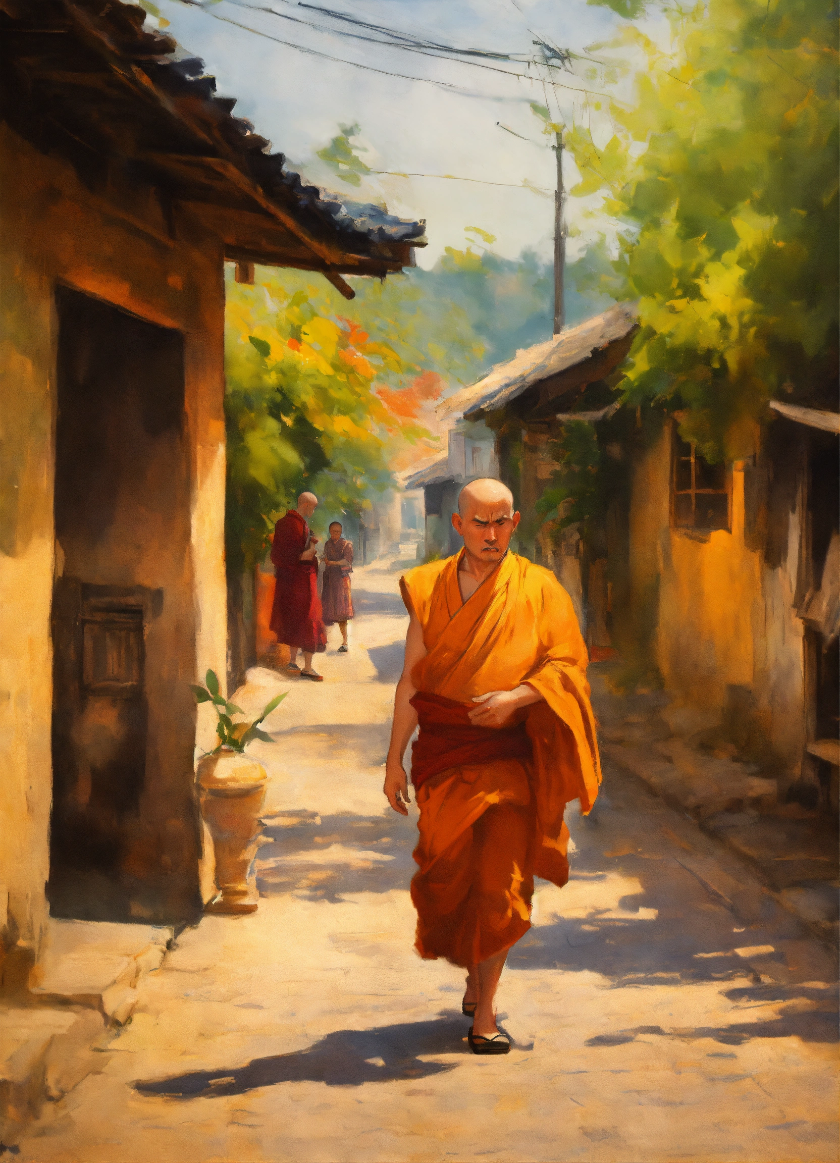 Lexica - A man angry with a Buddhist monk walking through a street in a ...