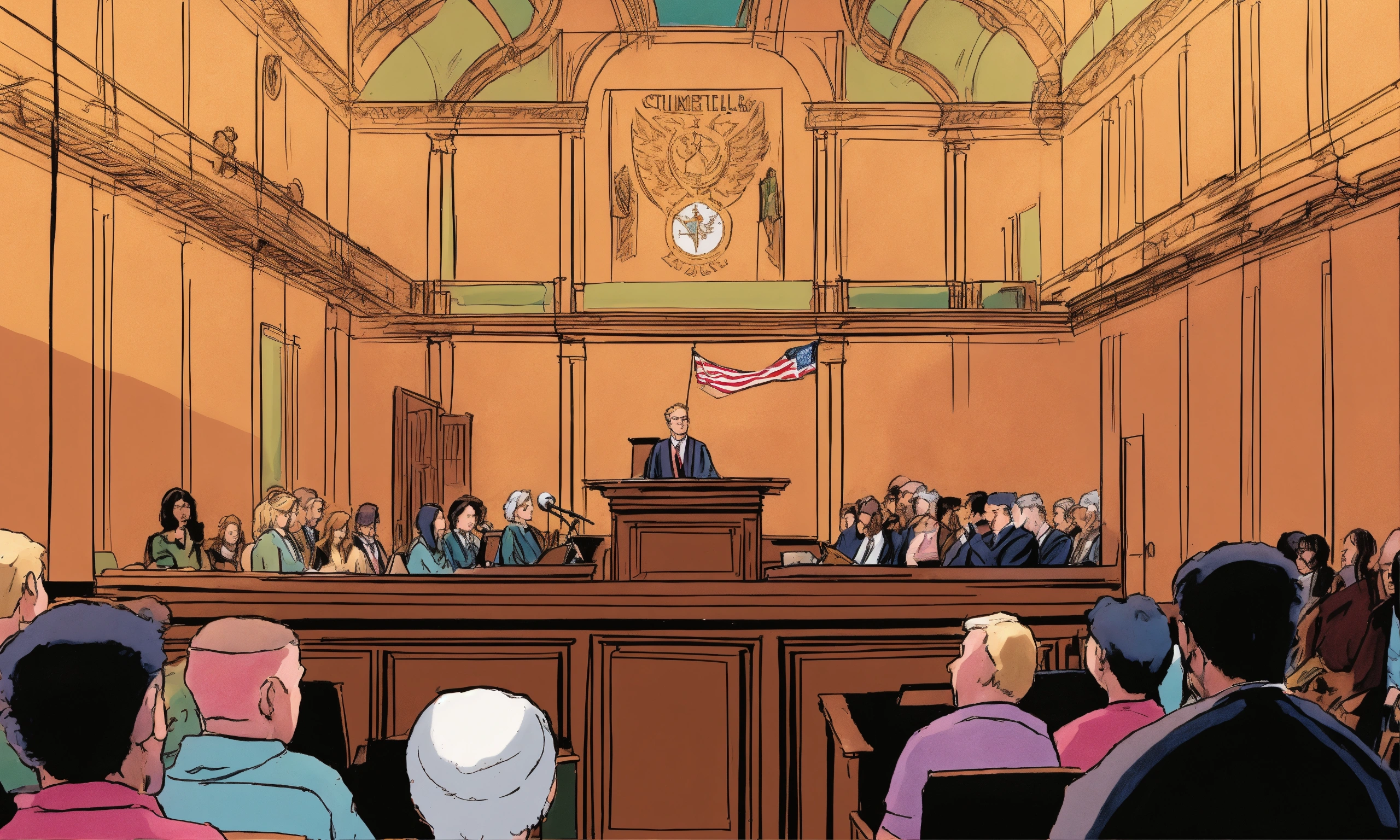 Lexica - Comic drawing of a person on trial in a courtroom with lots of ...