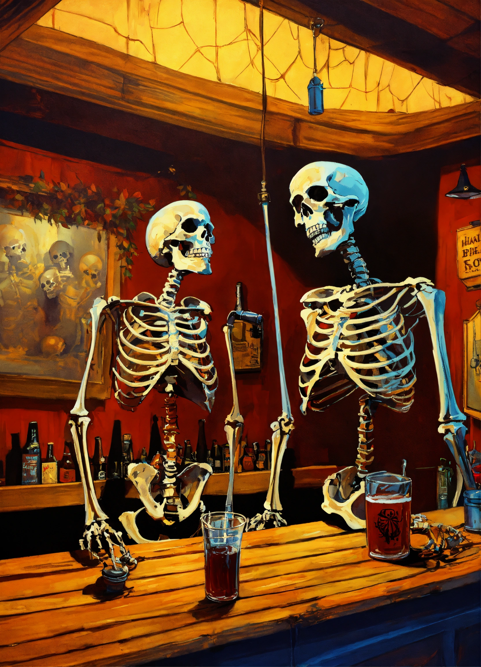Lexica - A painting of two male skeletons holding microphones inside a ...