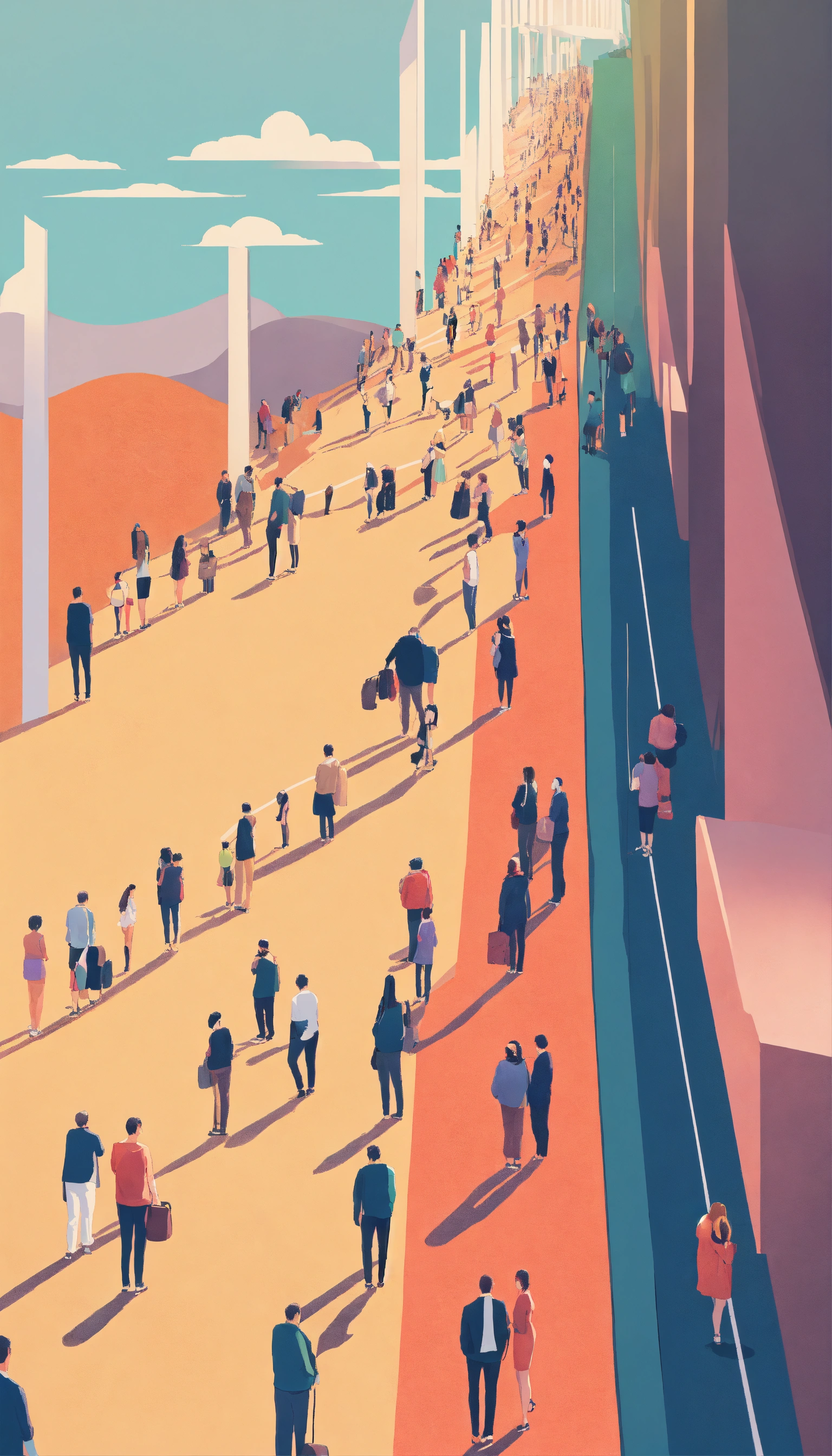 Lexica - People waiting in long line to pay, that curves and disappears ...