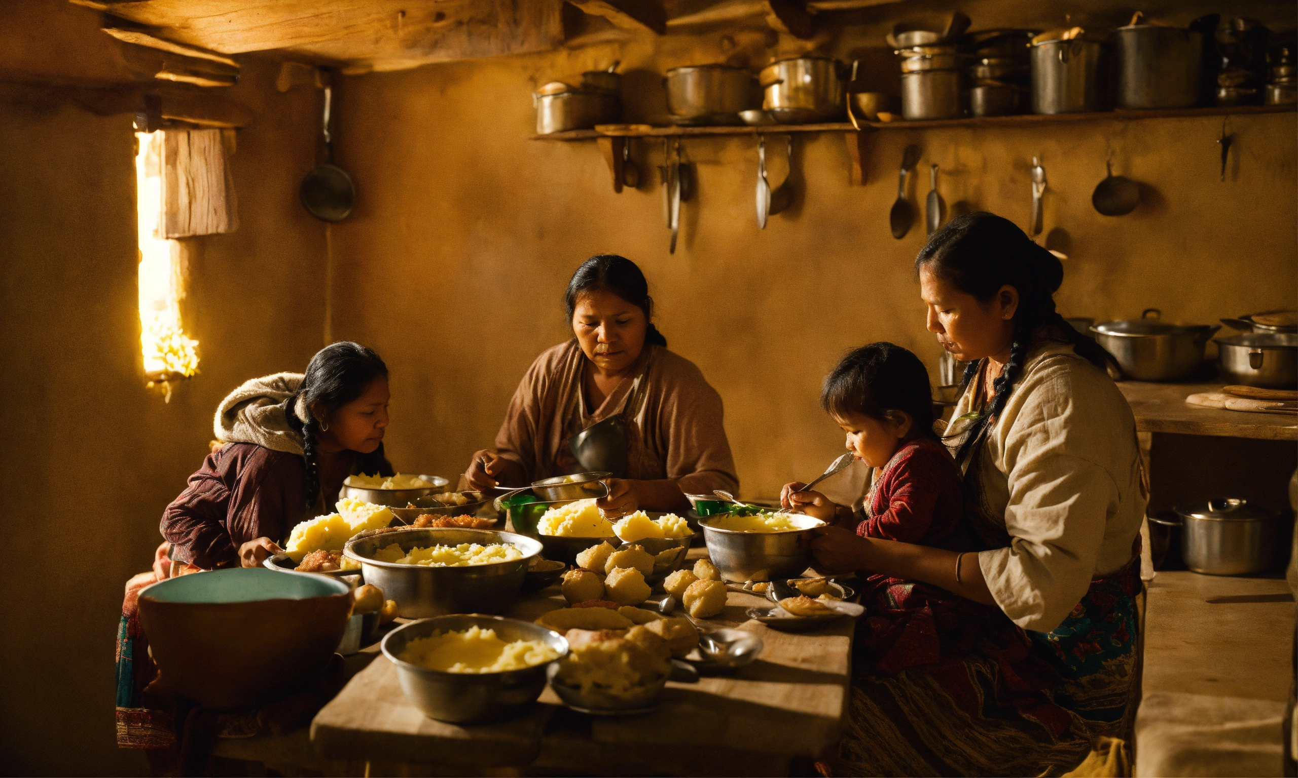 Lexica - In a rural kitchen, a low-income Indigenous family sits at the ...