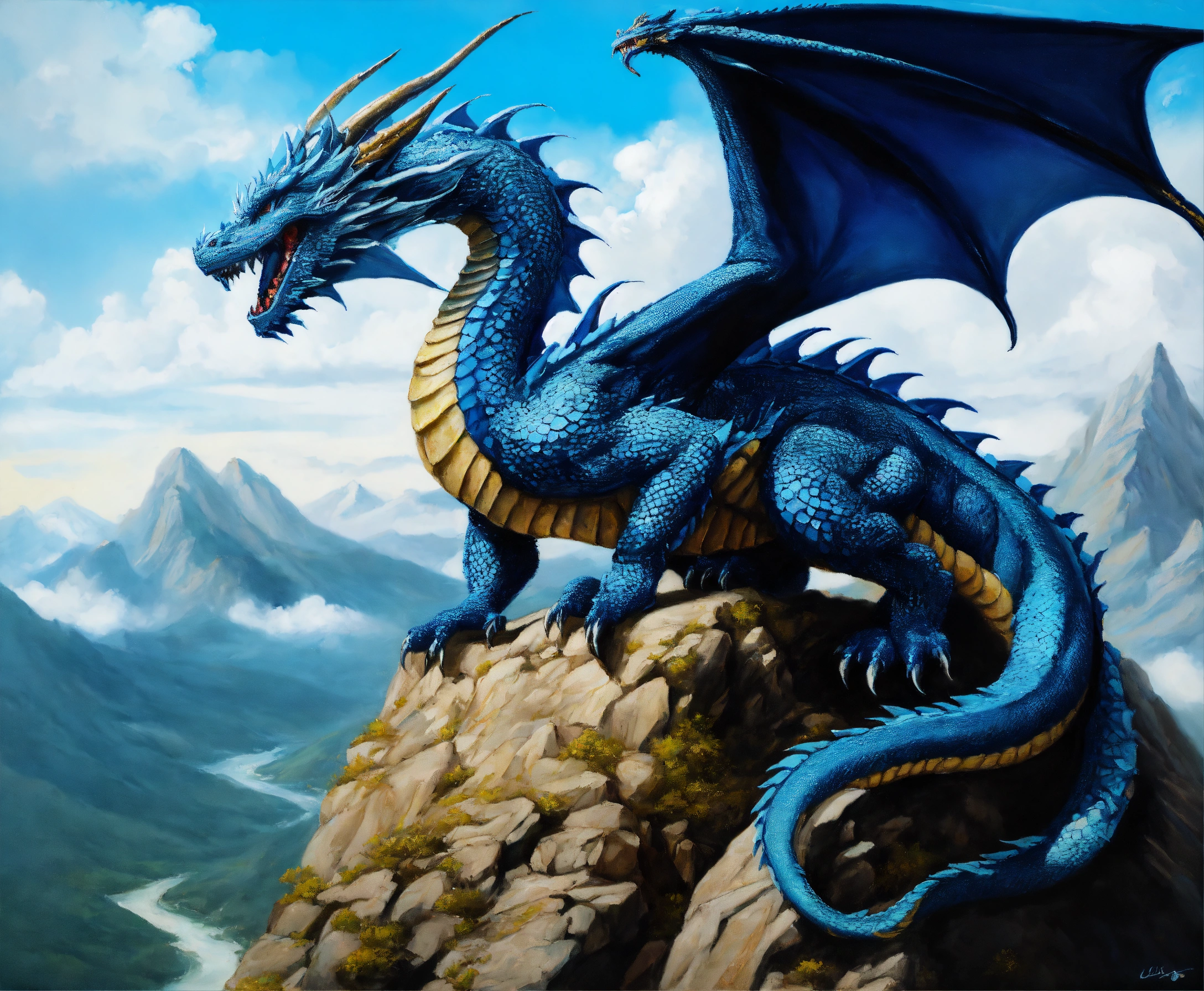 Lexica - Oil painting of a big blue dragon and a small blue dragon ...