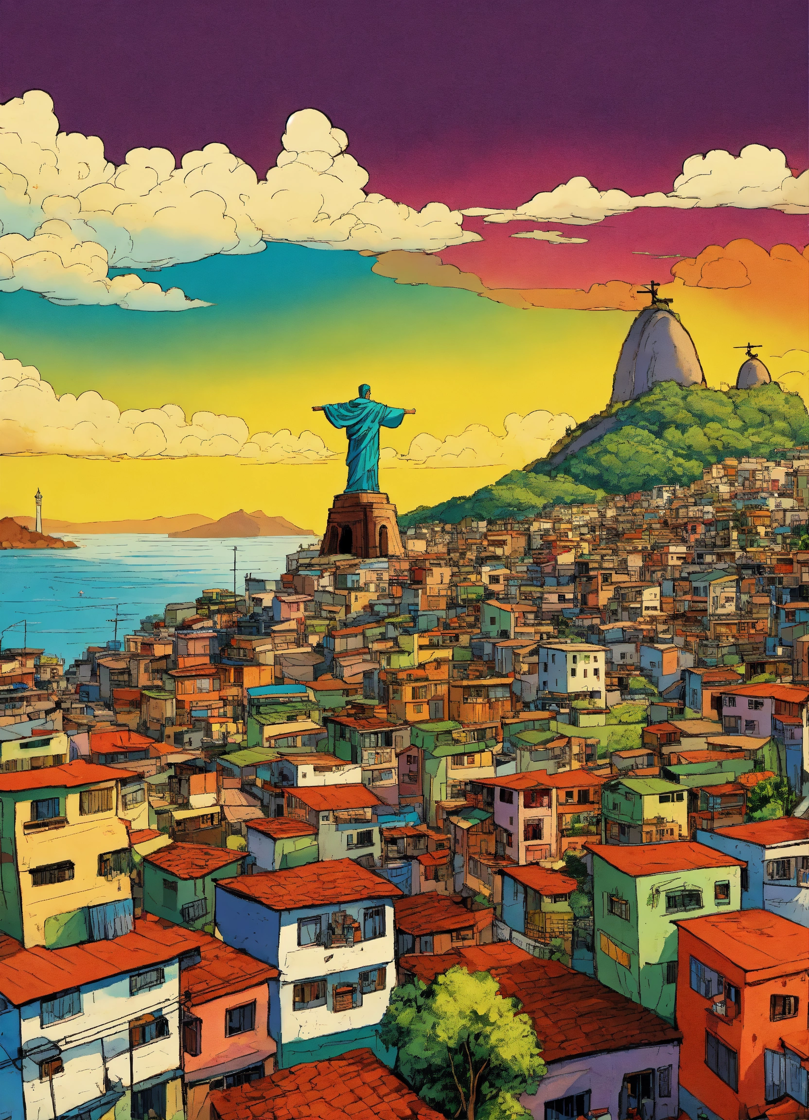 Lexica - Detailed, vibrant illustration of a Rio de Janeiro favela neighborhood, Cristo redentor ...