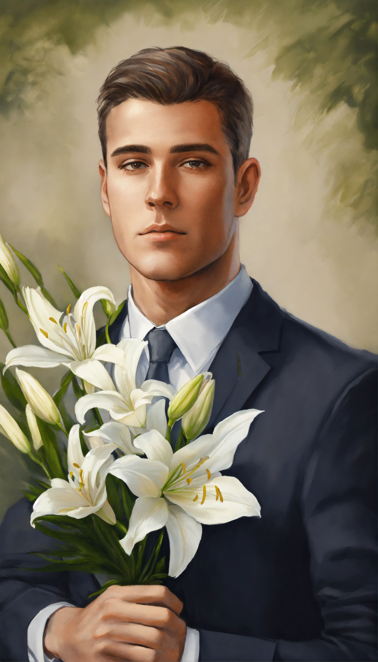 Lexica - Drawing of a lawyer man with a bouquet of white lilies realistic