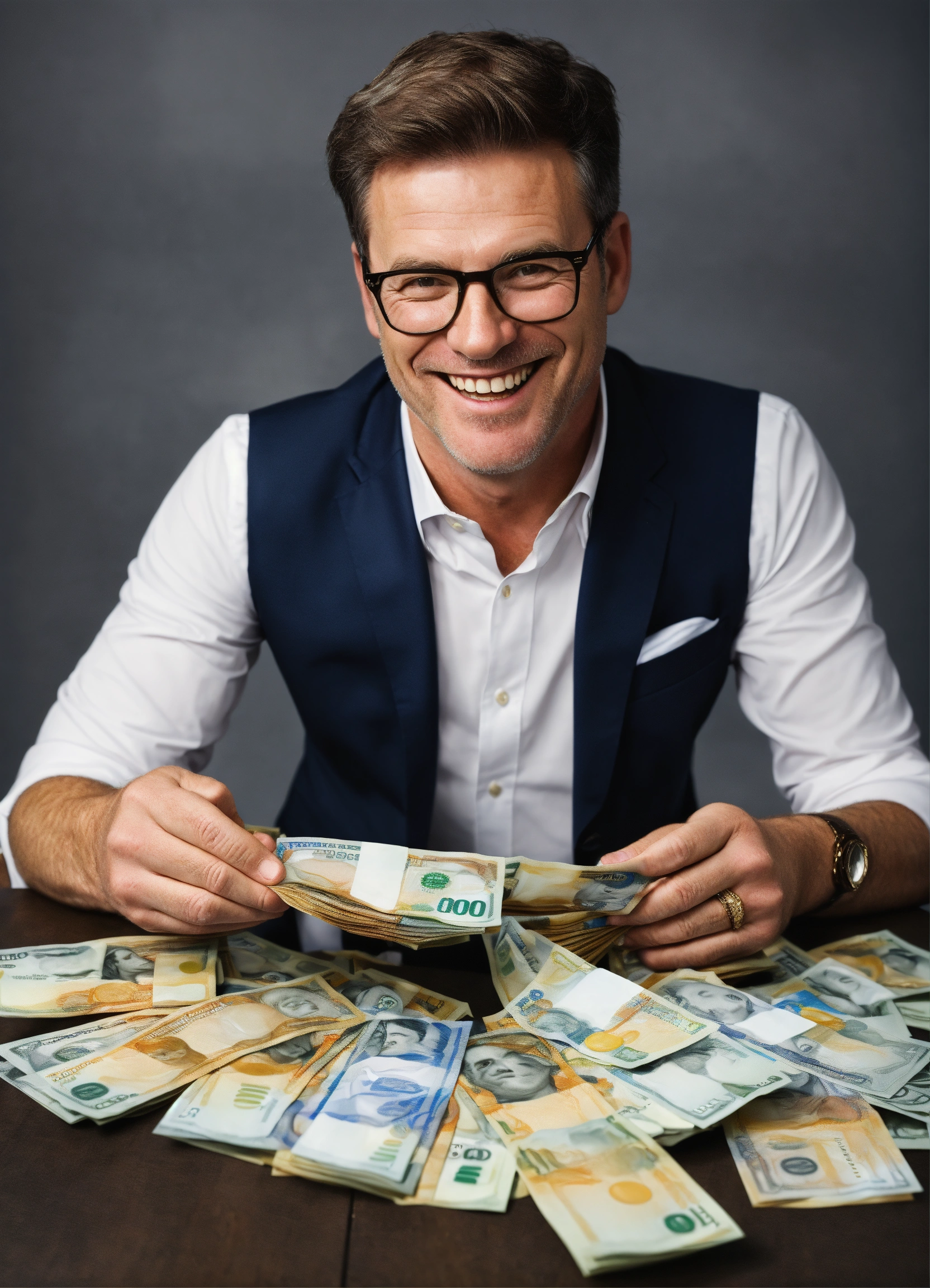 Lexica - A happy and rich white man with banknotes on the table