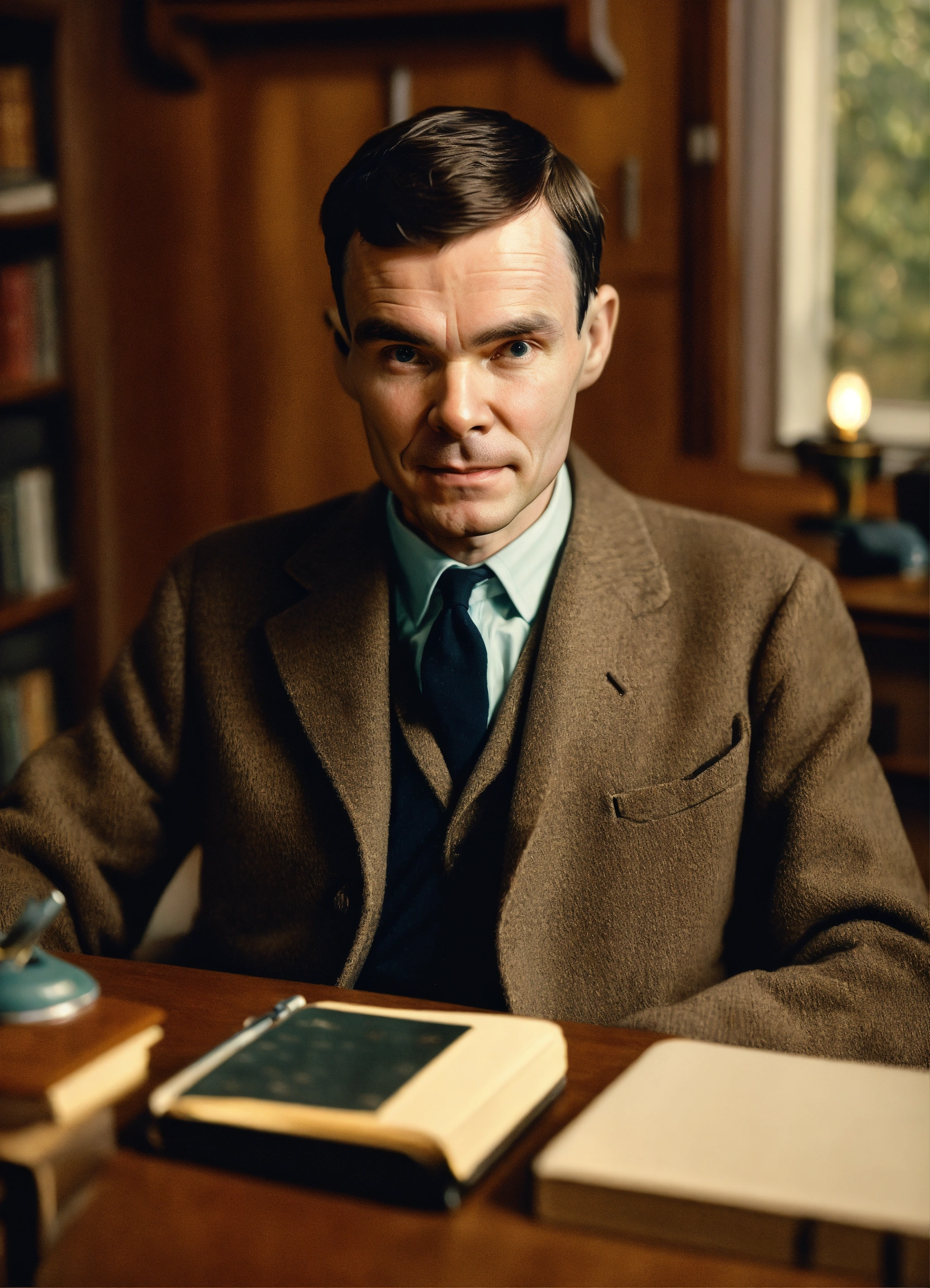 Lexica - A portrait of Alan Turing looking at the camera in a cosy ...