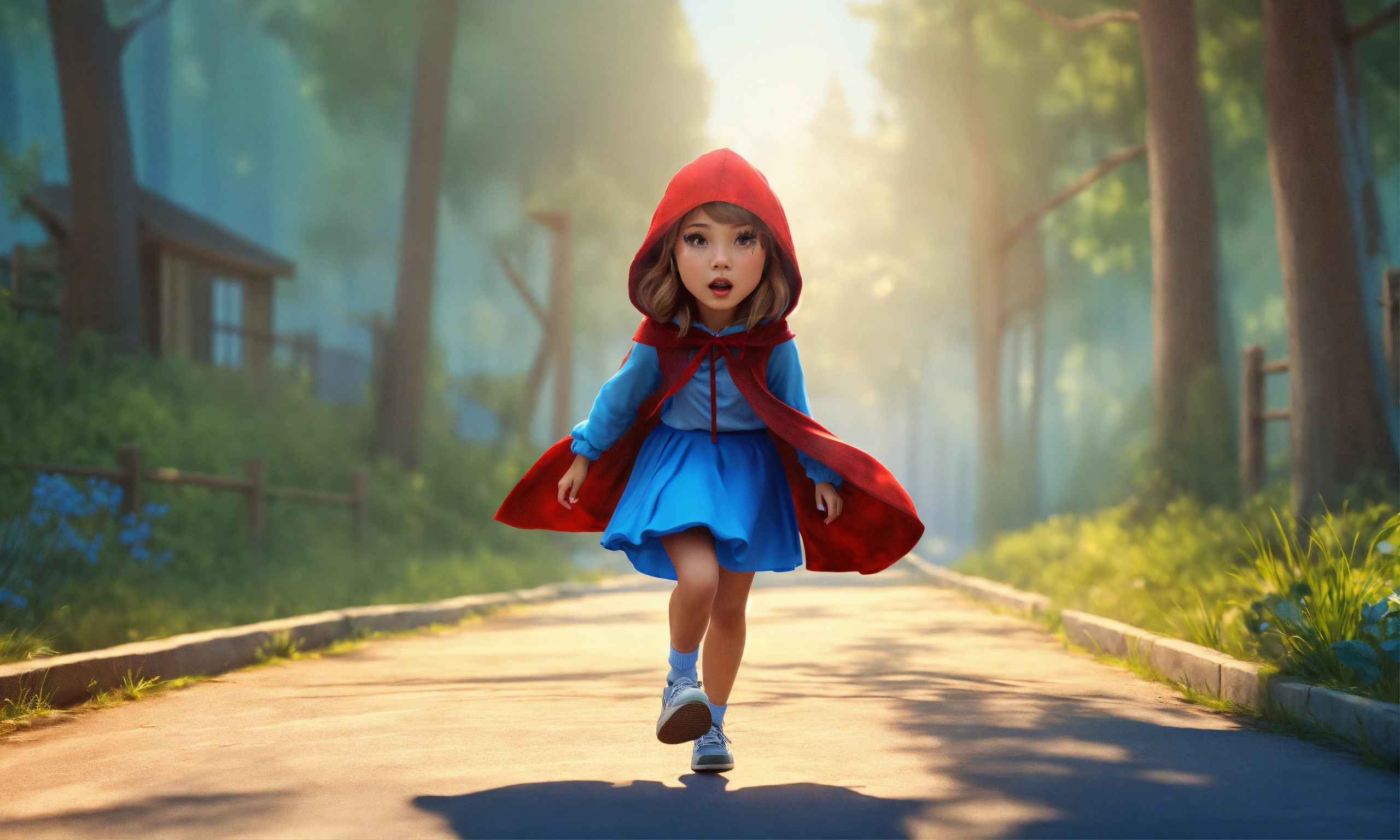 Lexica - Cartoons scared modern Red Riding Hood, wearing short blue ...