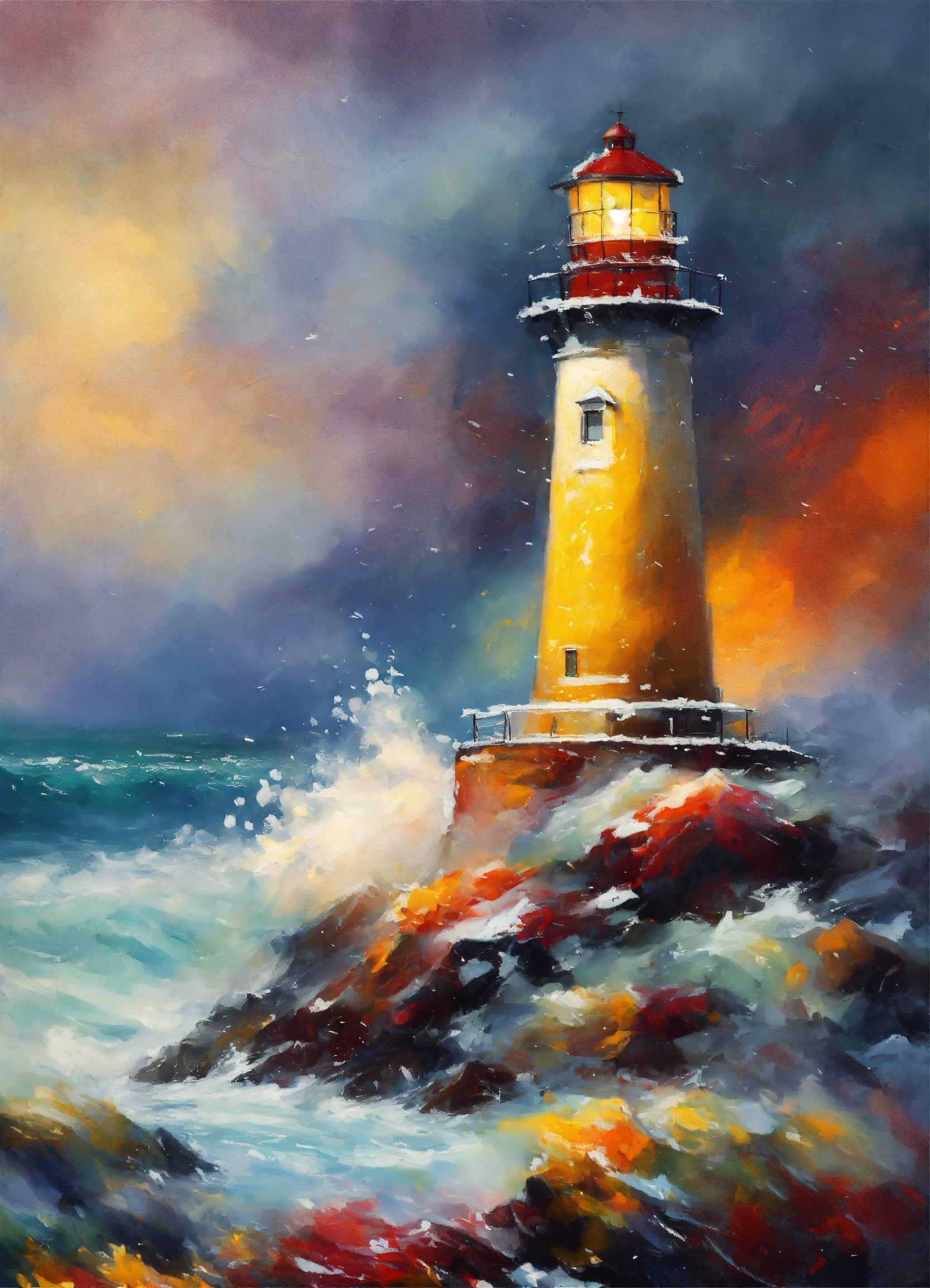 Lexica - Painting, colorful seascape lighthouse in snowstorm ...