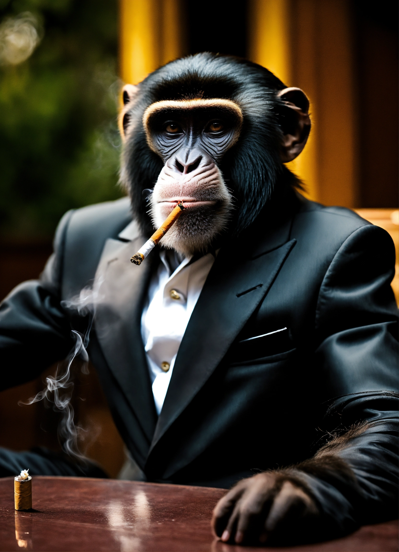 Lexica - Elegant monkey, black suit, smoking a very smoky cigarette ...