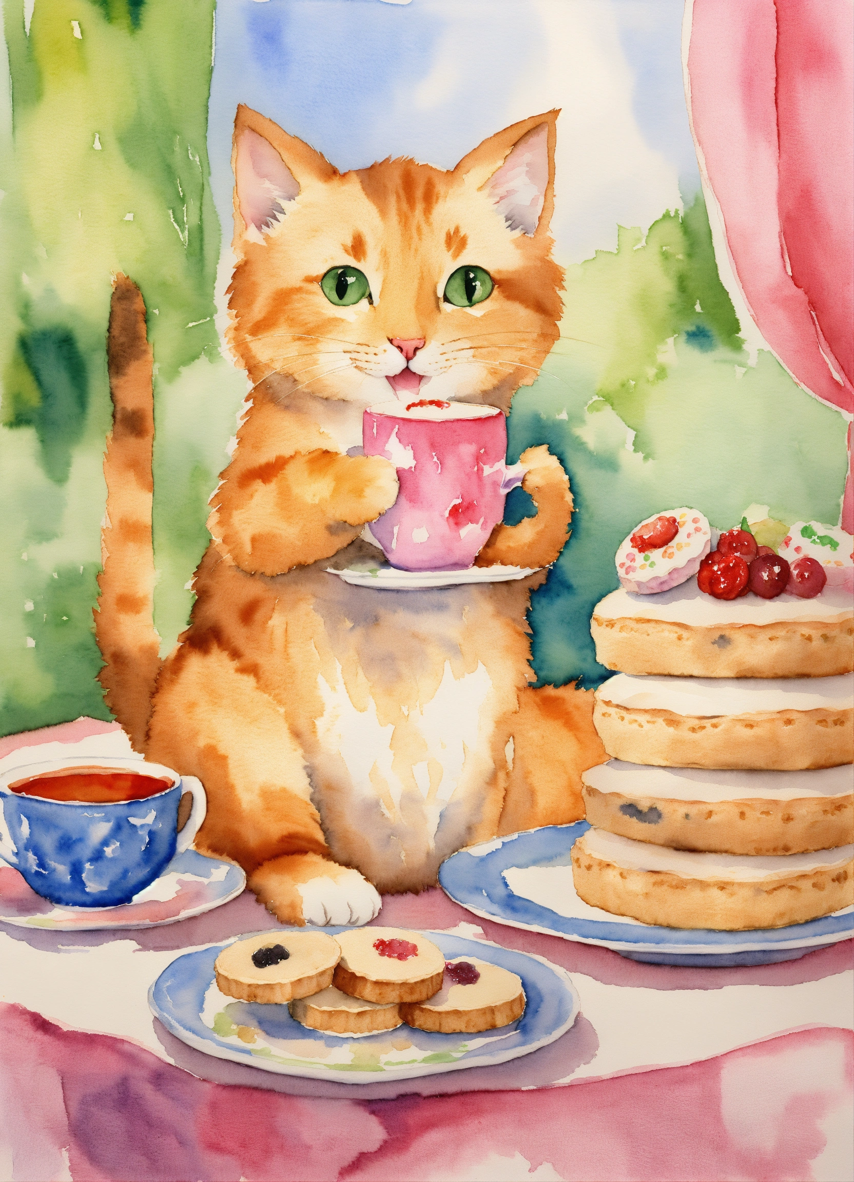 Lexica - Happy cat eating jammy dodger at a tea party , watercolor