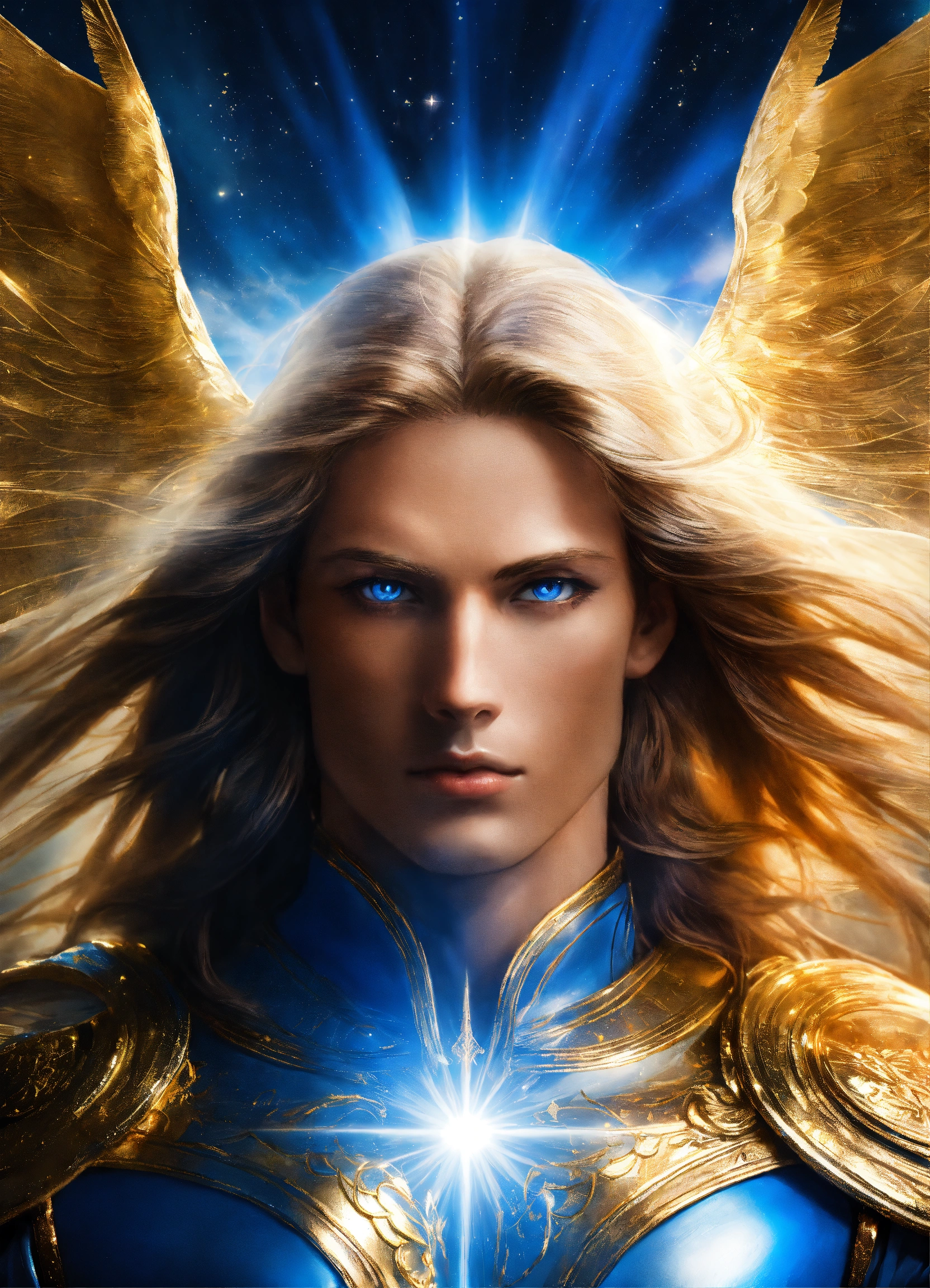 Lexica - Archangel michael with long hair, shinny blue eyes, full lips ...