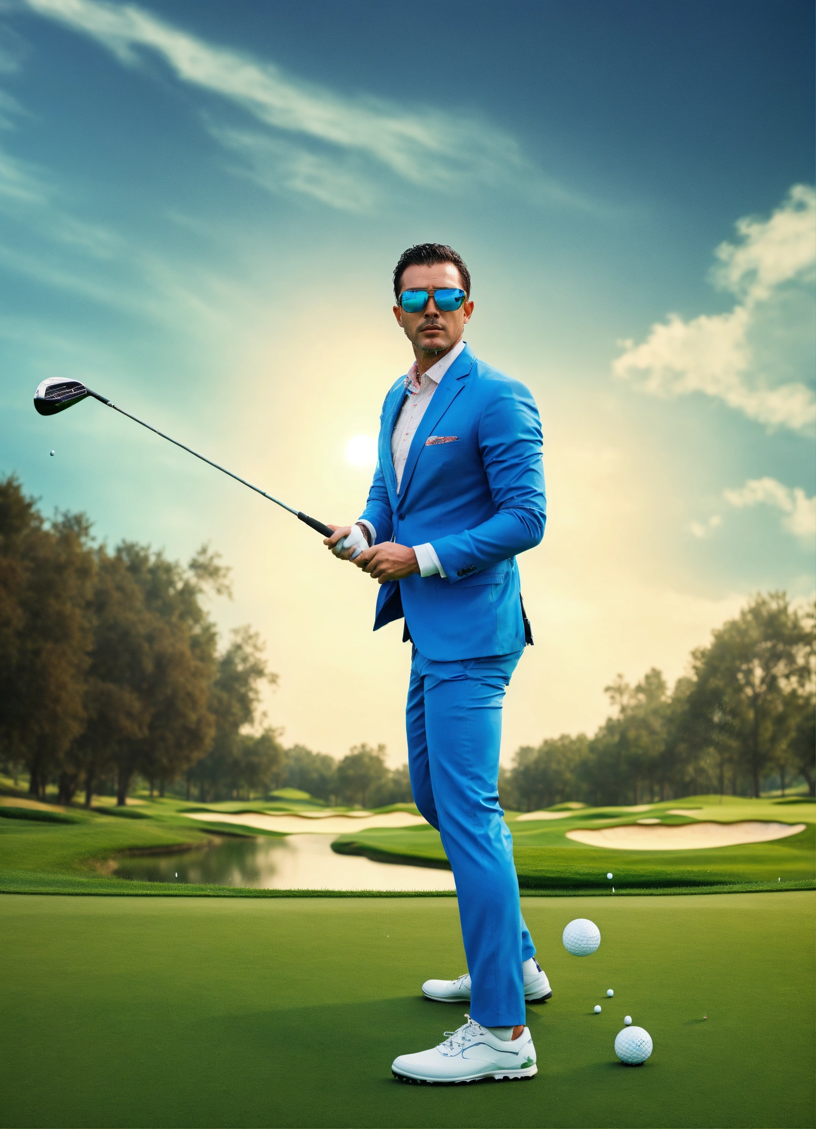 Lexica - 4k hd ultra realistic man blue blazer, sunglasses. Swinging ...