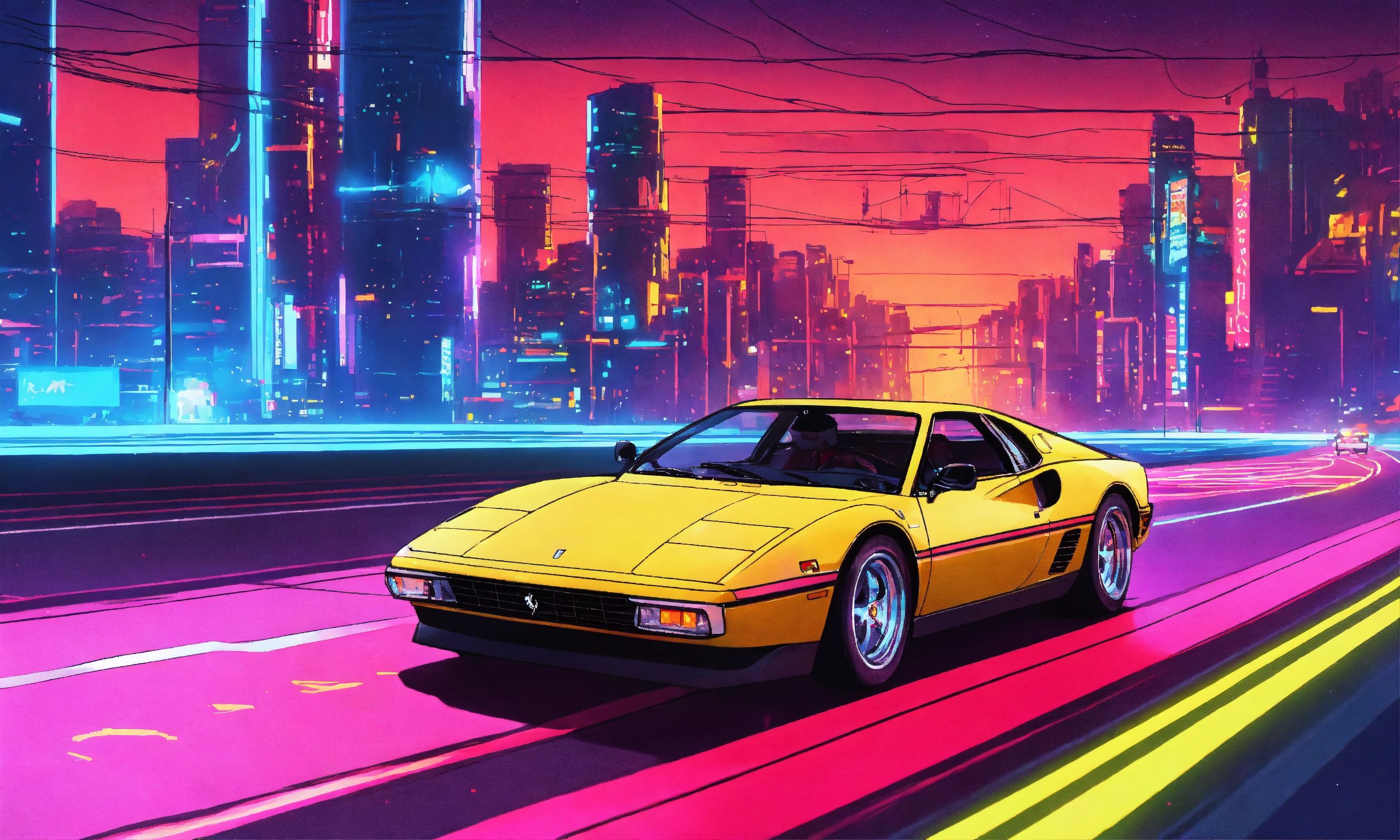 Lexica - 80s anime style, man driving a Ferrari down a neon lit highway