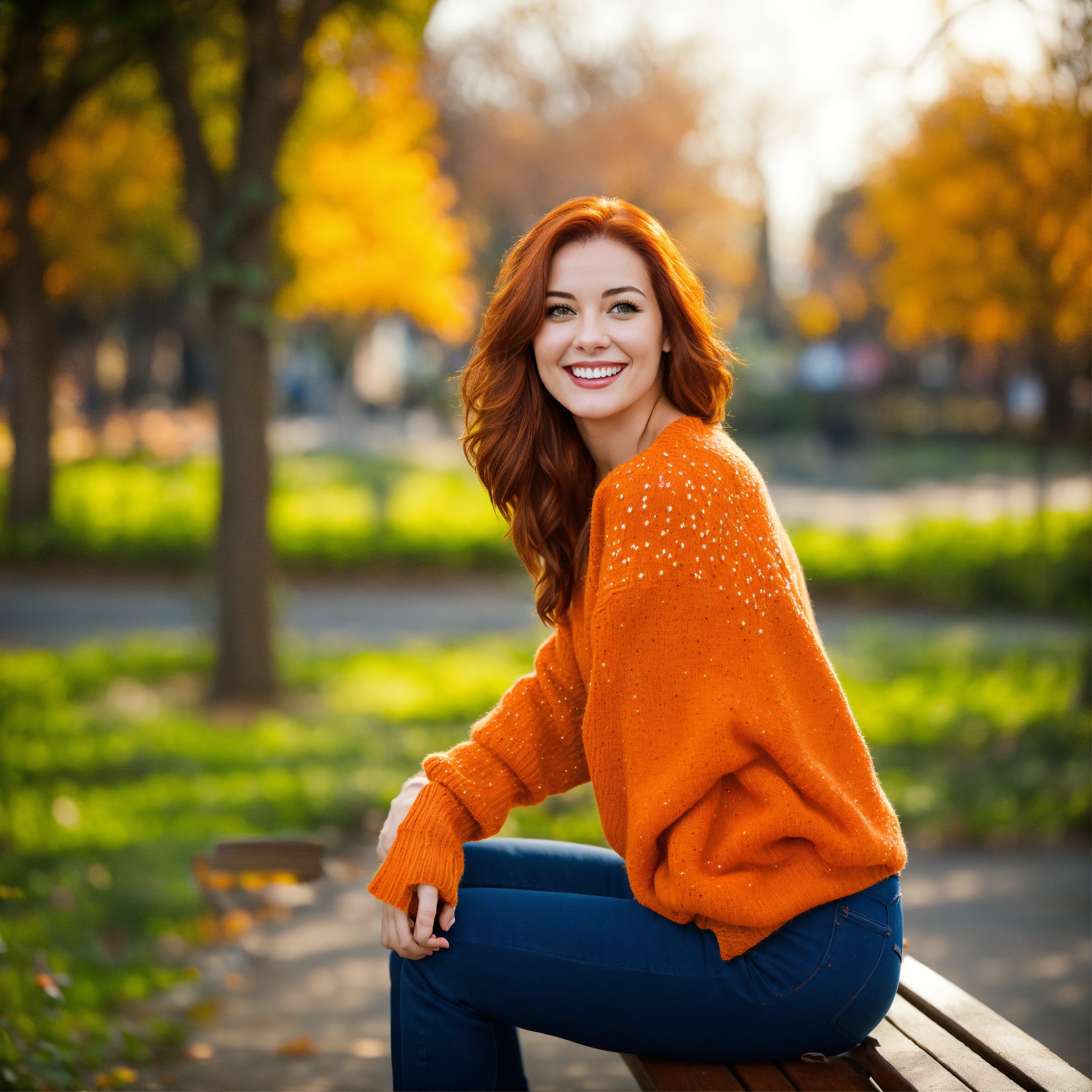 Lexica - Beautiful auburn haired woman sitting on a park bench with an ...