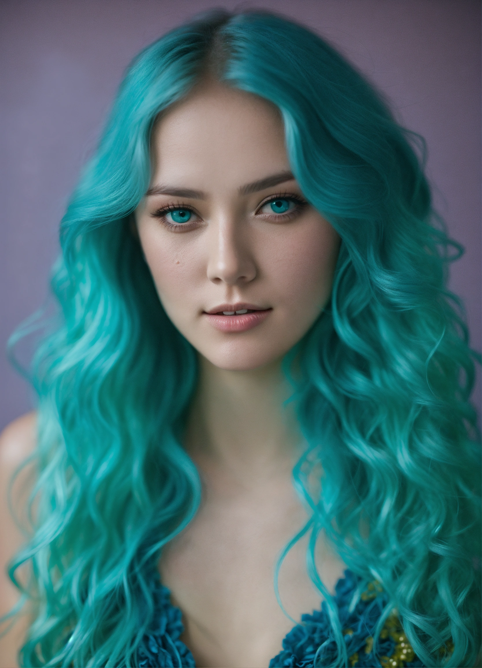 Lexica - White woman, fair skin, long bright cyan wavy hair, cyan eyes
