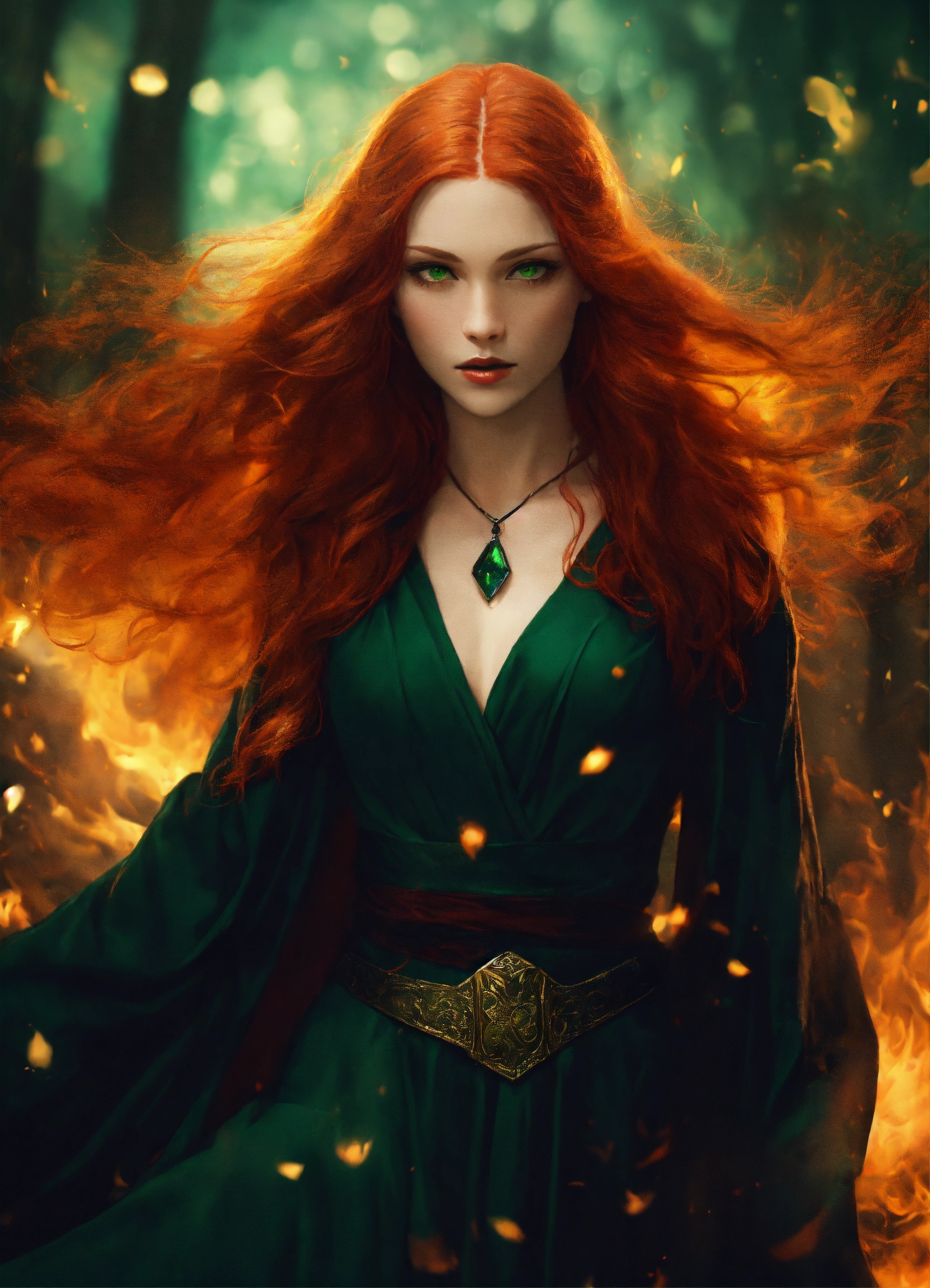 Lexica - Beautiful red haired witch with green eyes, pale skin, wearing ...