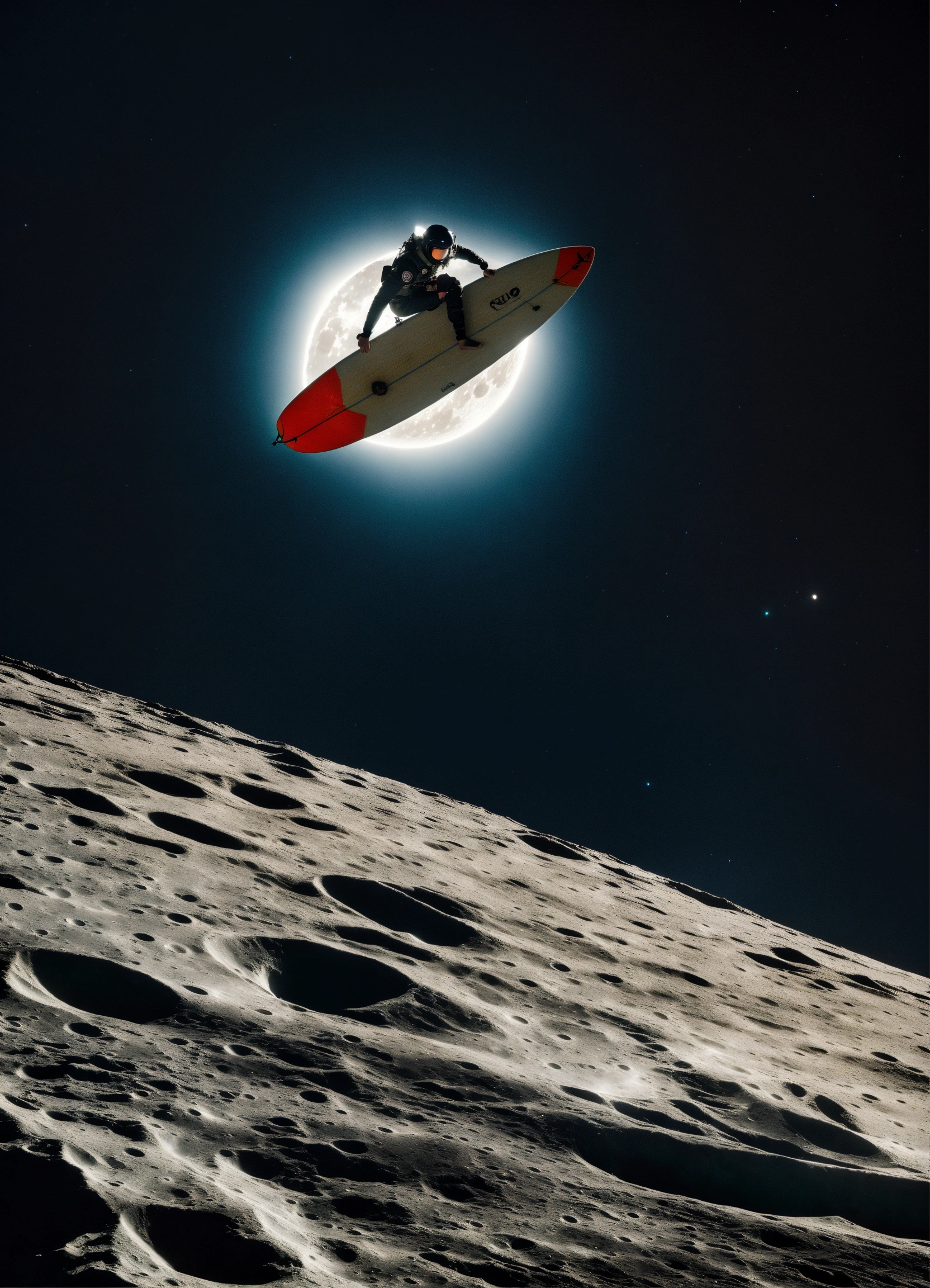 Lexica - A person surfing in zero gravity on the moon