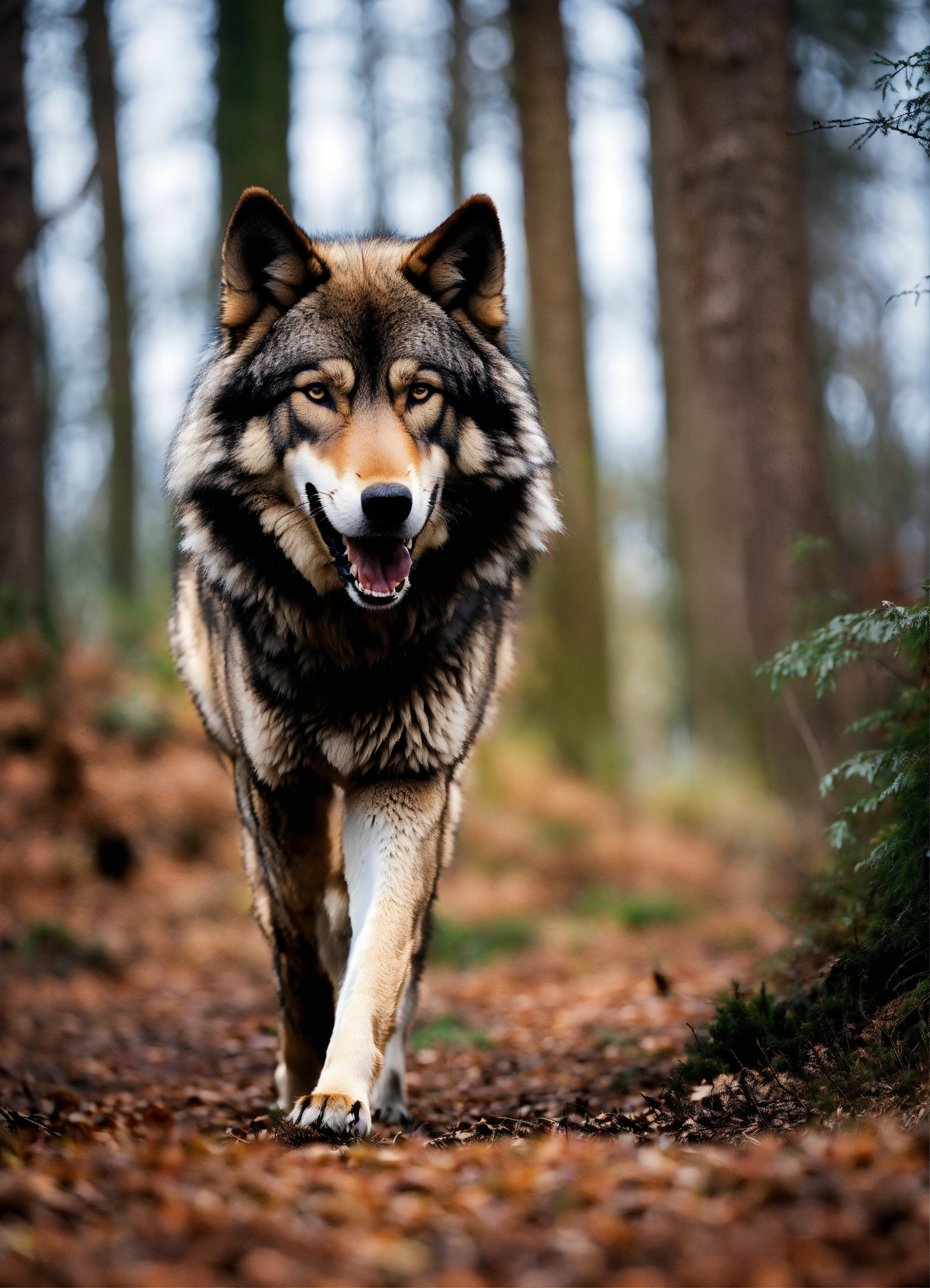 Lexica - Massive brown fur wolf, in the woods