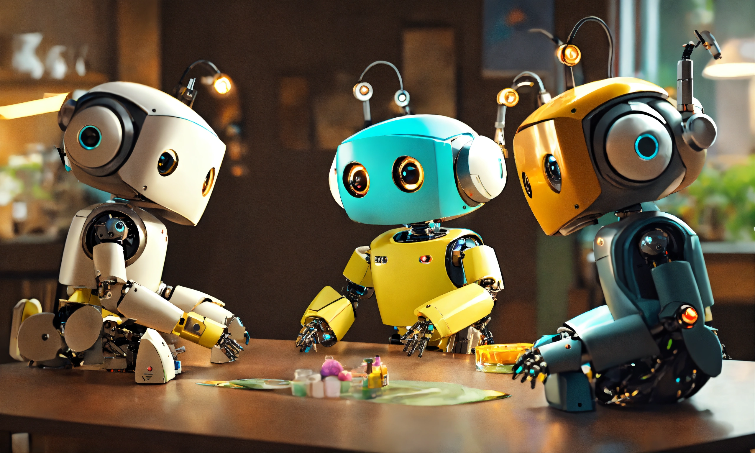Lexica - Multiple cute robots discussing around a table