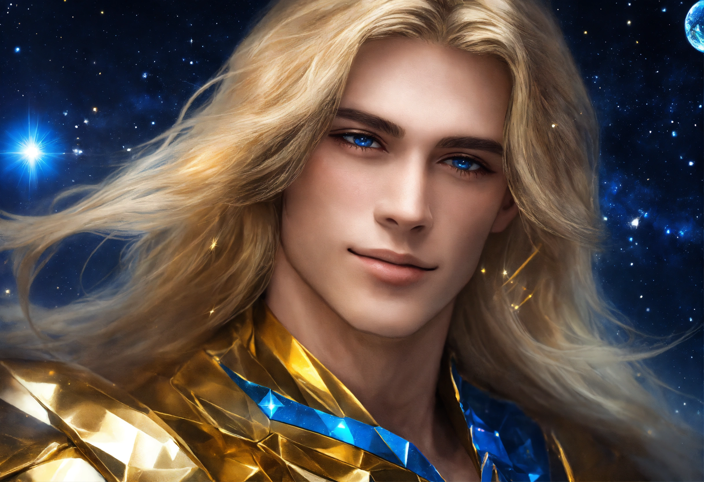 Lexica - Beautiful faces cosmic men long blond hair, smiling, blue and ...
