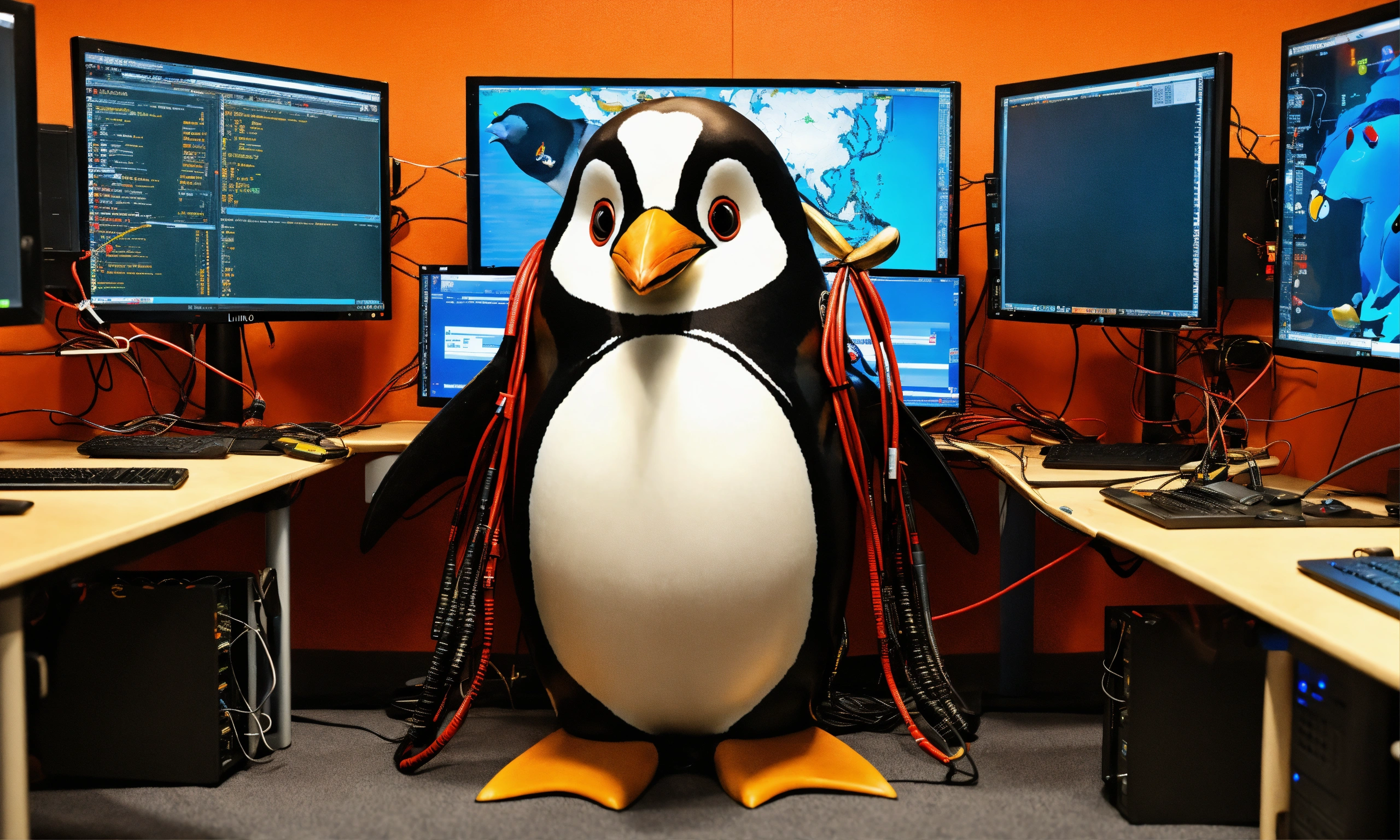 Lexica - A penguin dressed up as a minotaur, in a computer lab with ...