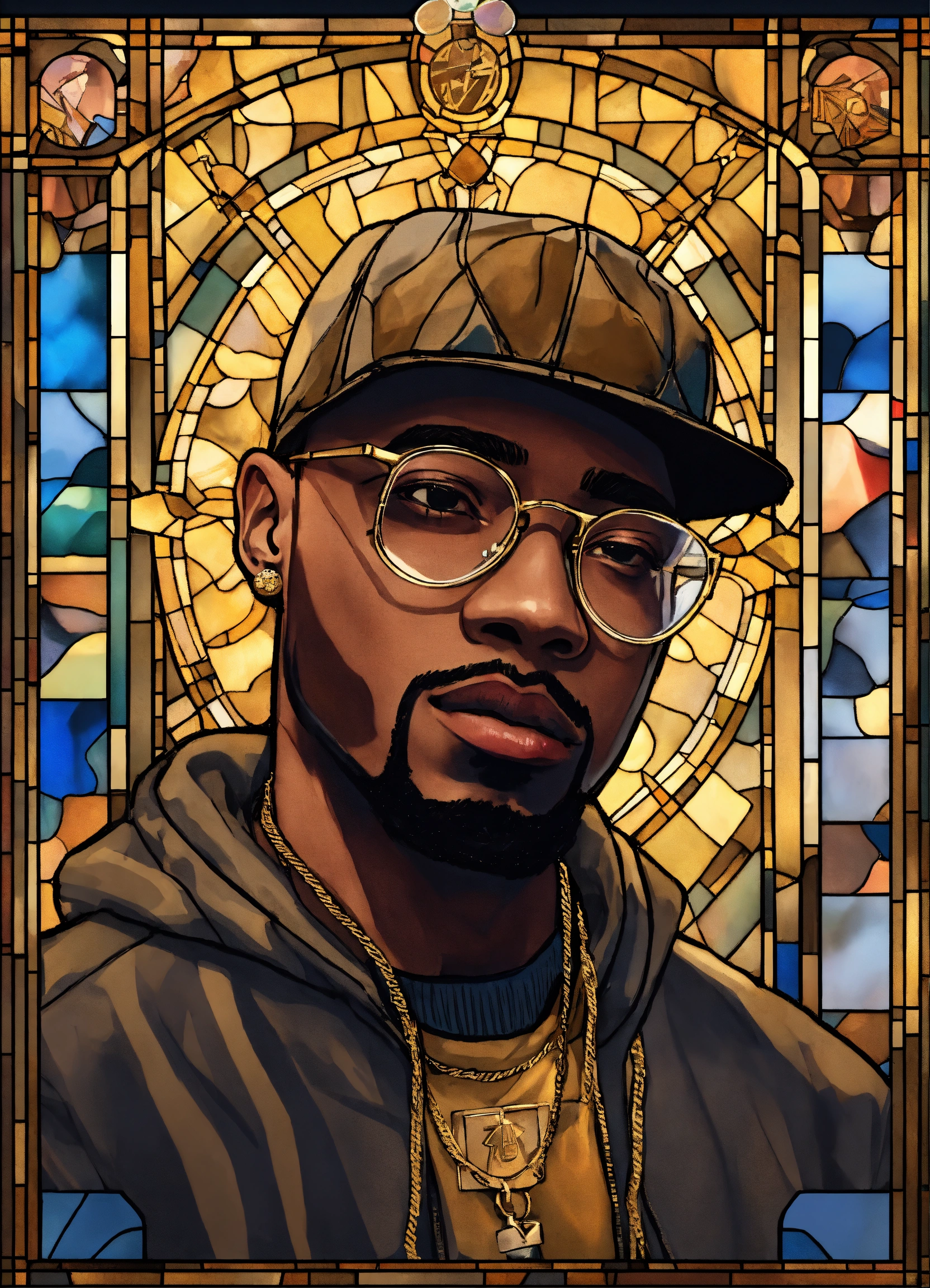 Lexica - HD, 4K, Background is a stained glass with images in the ...