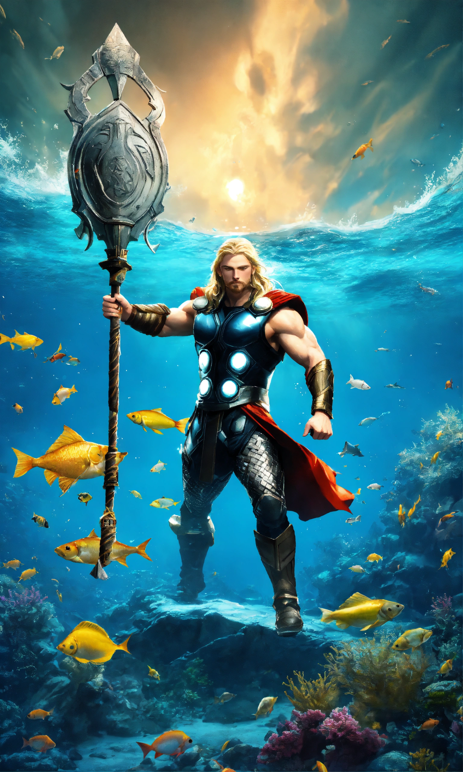 Lexica - Thor with fish underwater in the ocean, nature background, 2D ...