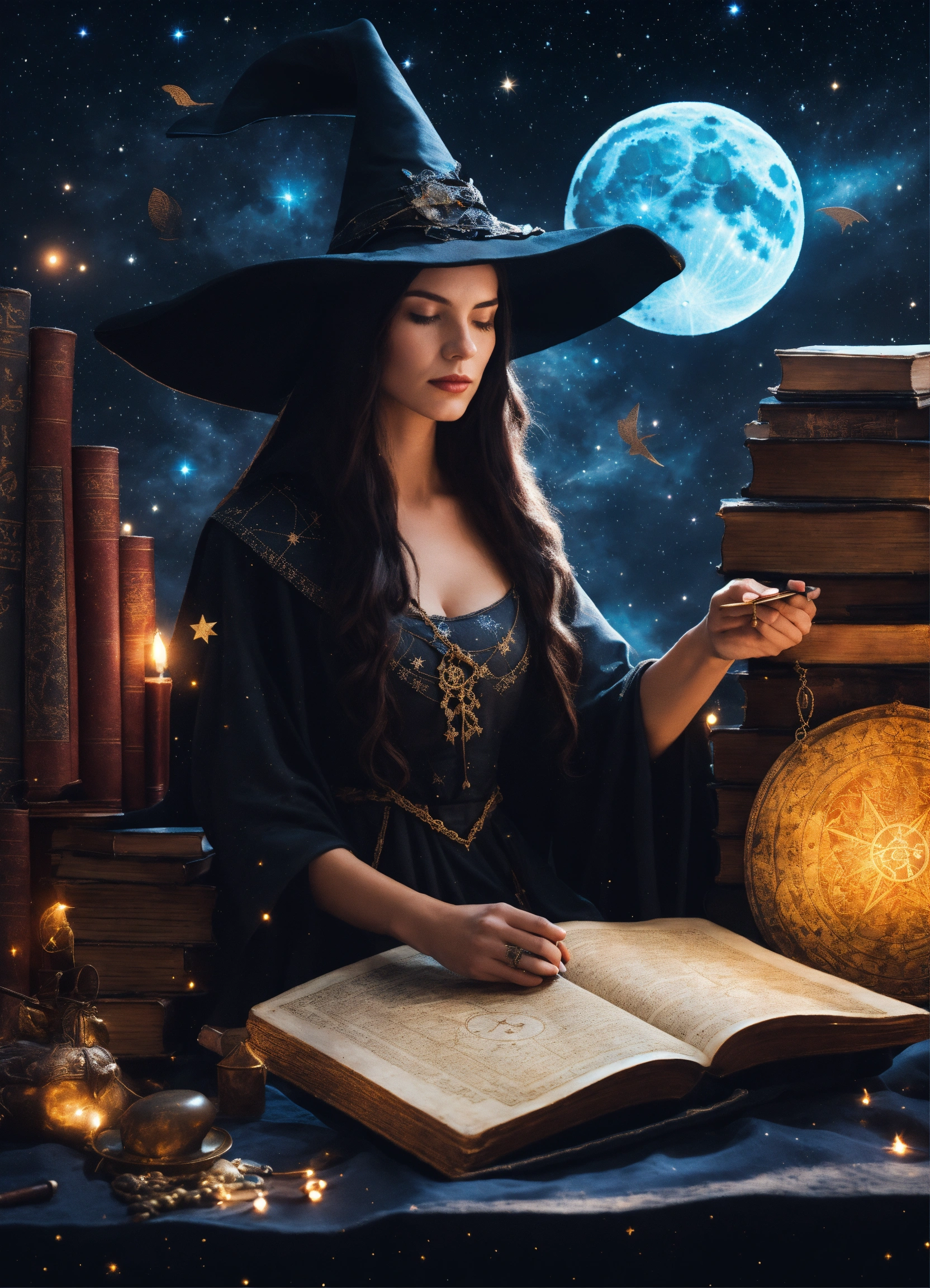 Lexica - Mysterious witch wearing a black hat and cloak, studying an ...