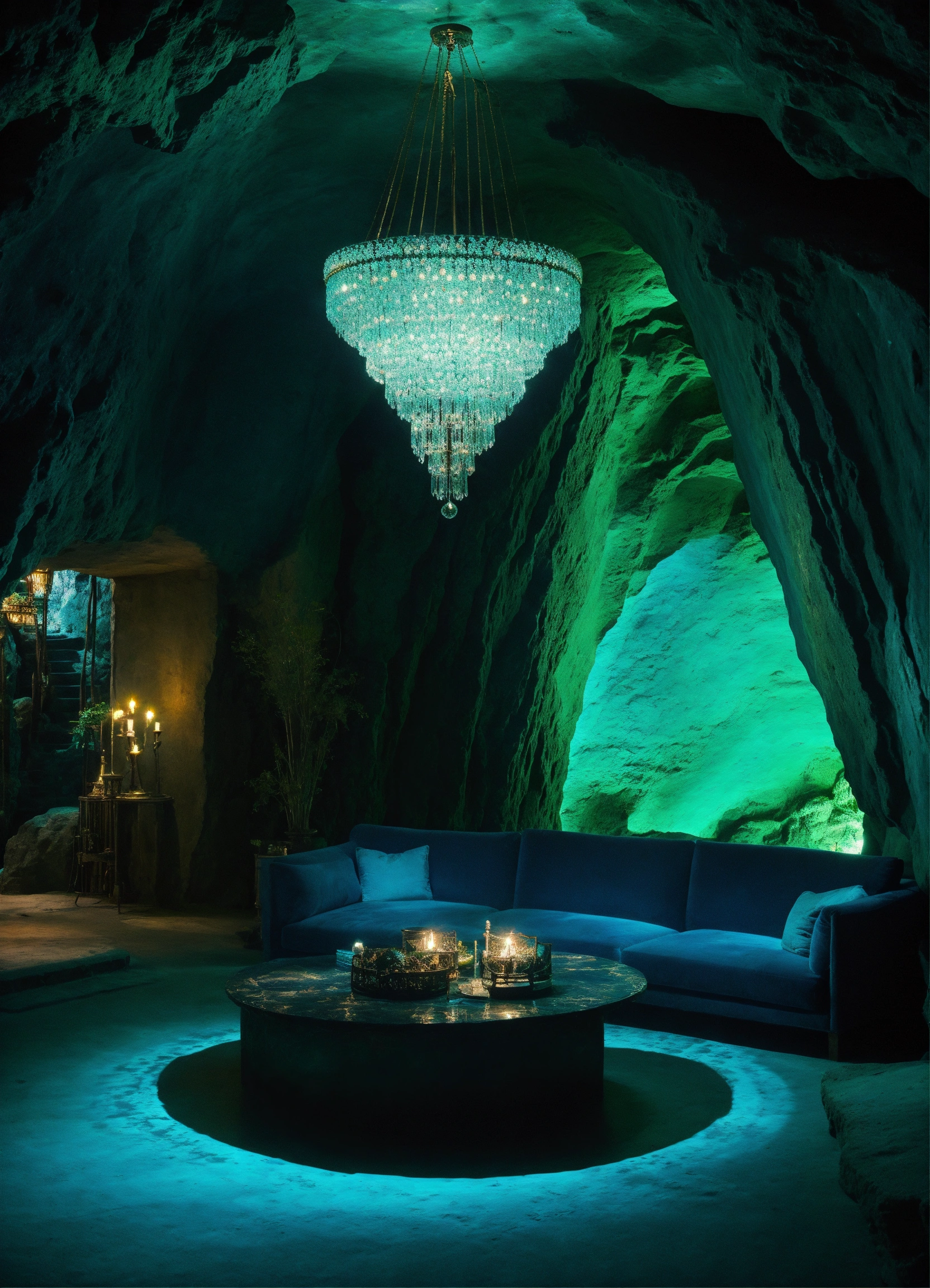 Lexica - A dark cave with a glowing chandelier, turquoise color pallet ...