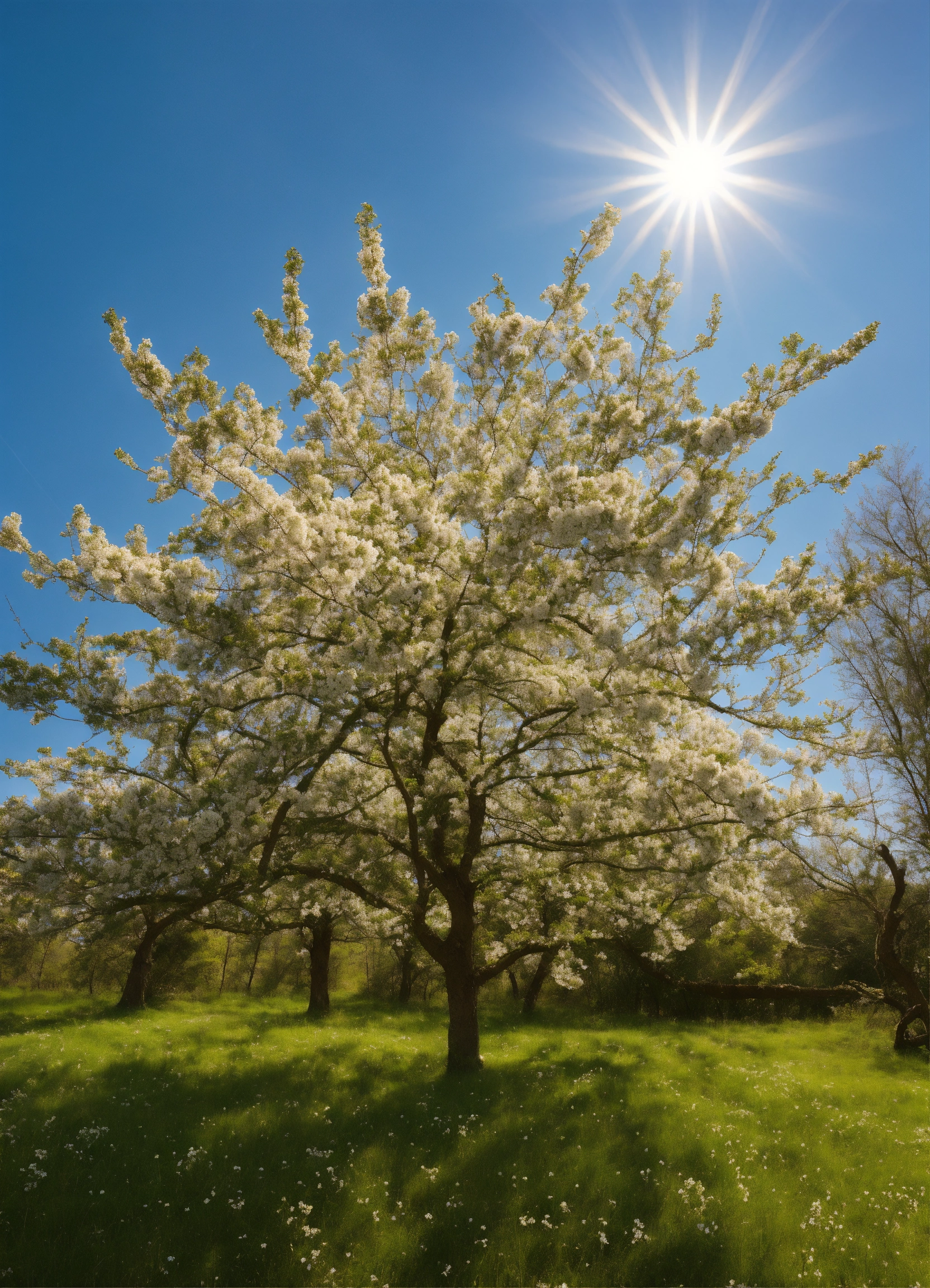 Lexica - Blue sky with white flowers, trees and sun shining in the ...