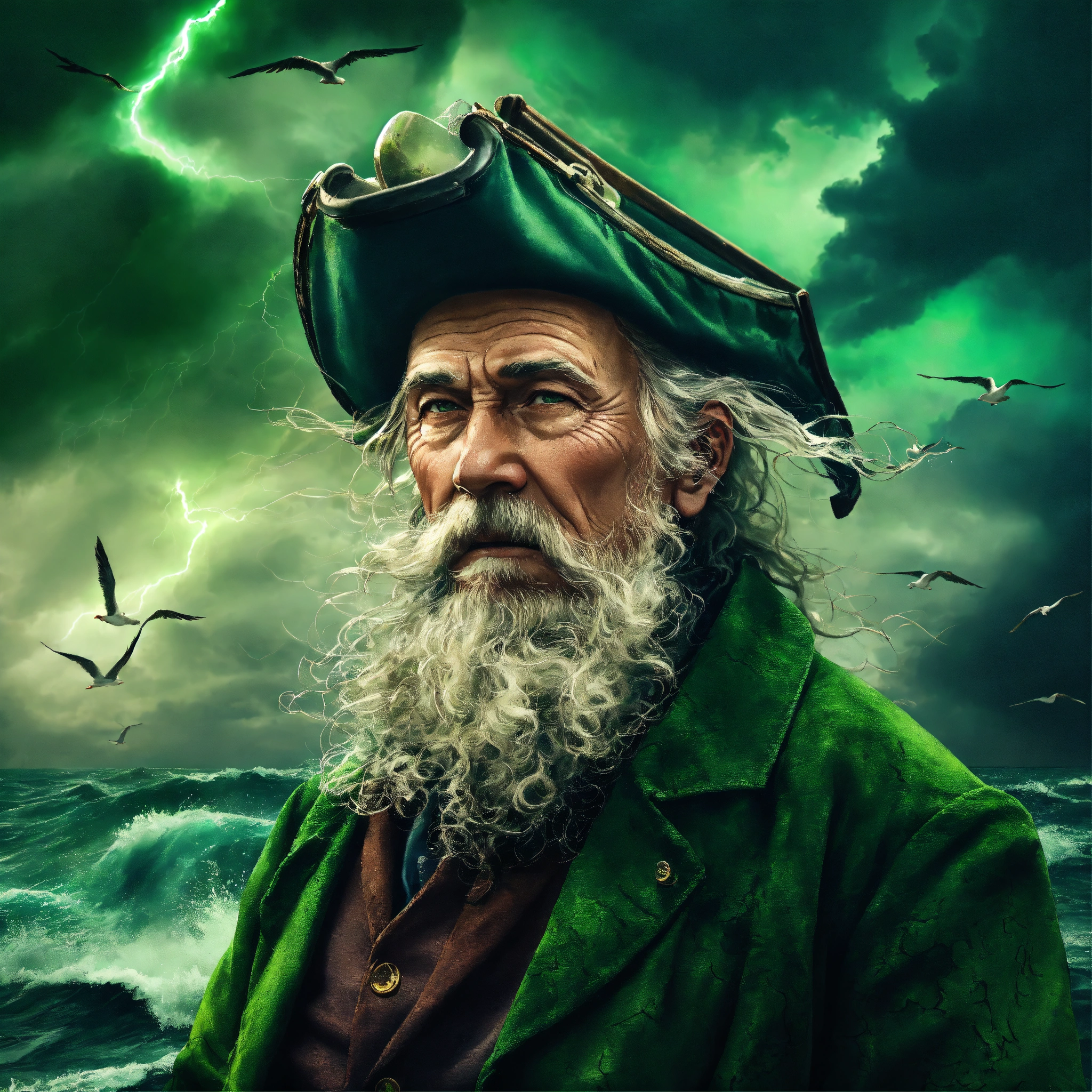Lexica - Determined old sea captain, weathered face, steering his ship ...