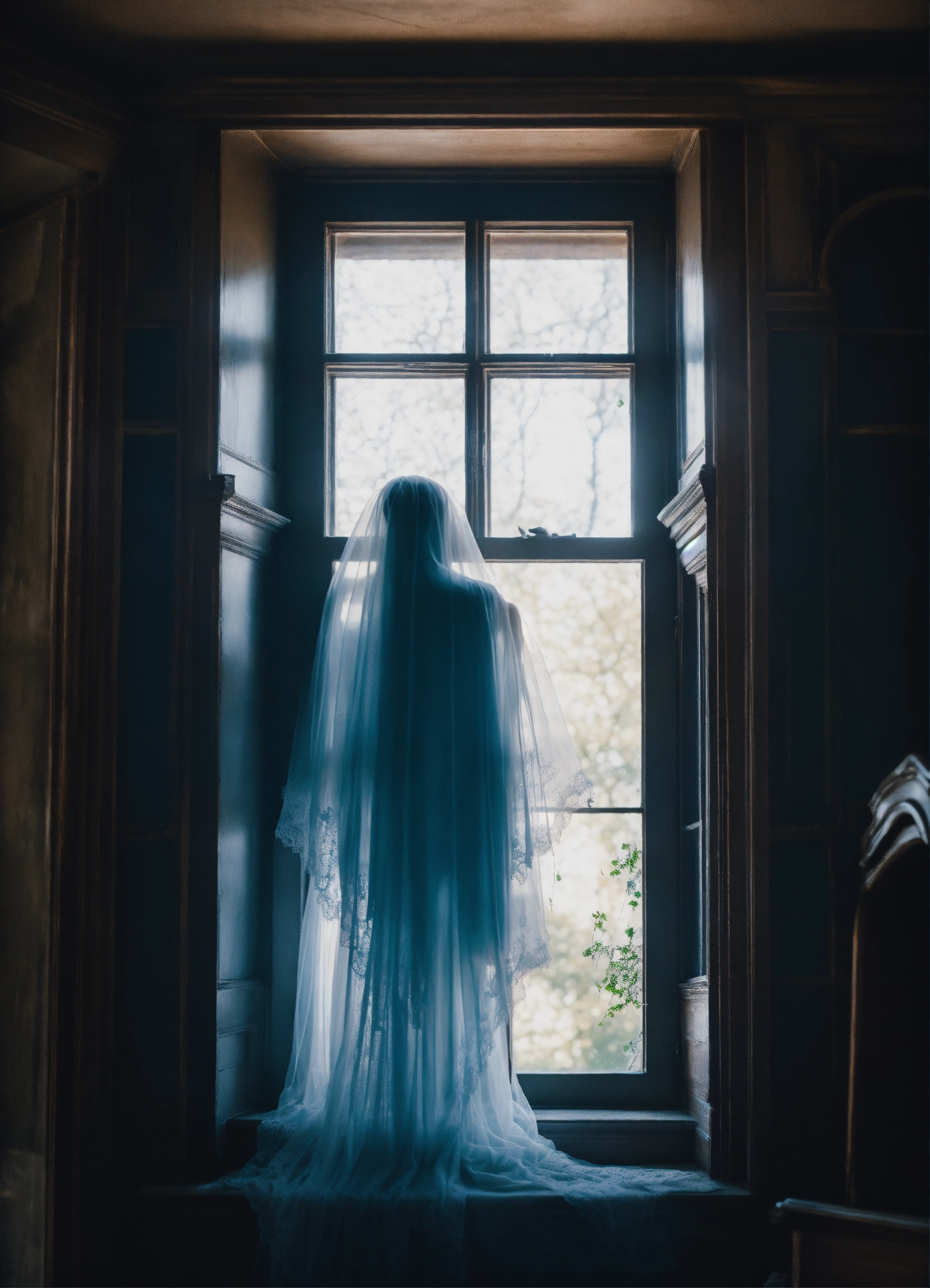 Lexica - A ghostly apparition appearing in an old mansion's window ...