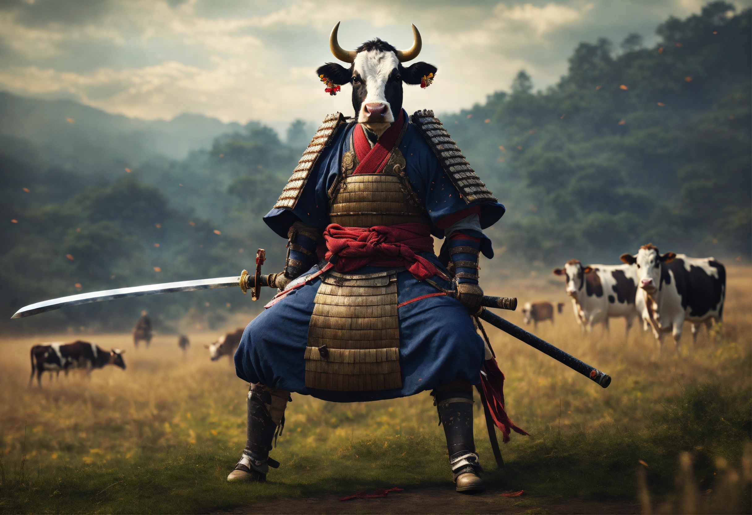 Lexica - Cow samurai. Battlefield. Hyper realistic.