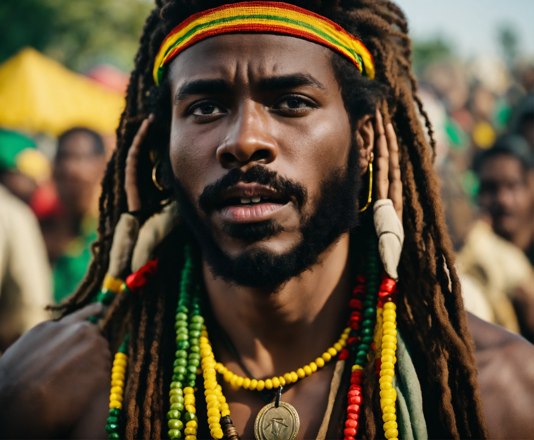 Lexica - Rastafarian with hands-on jaw grip with fear, crowd in the ...