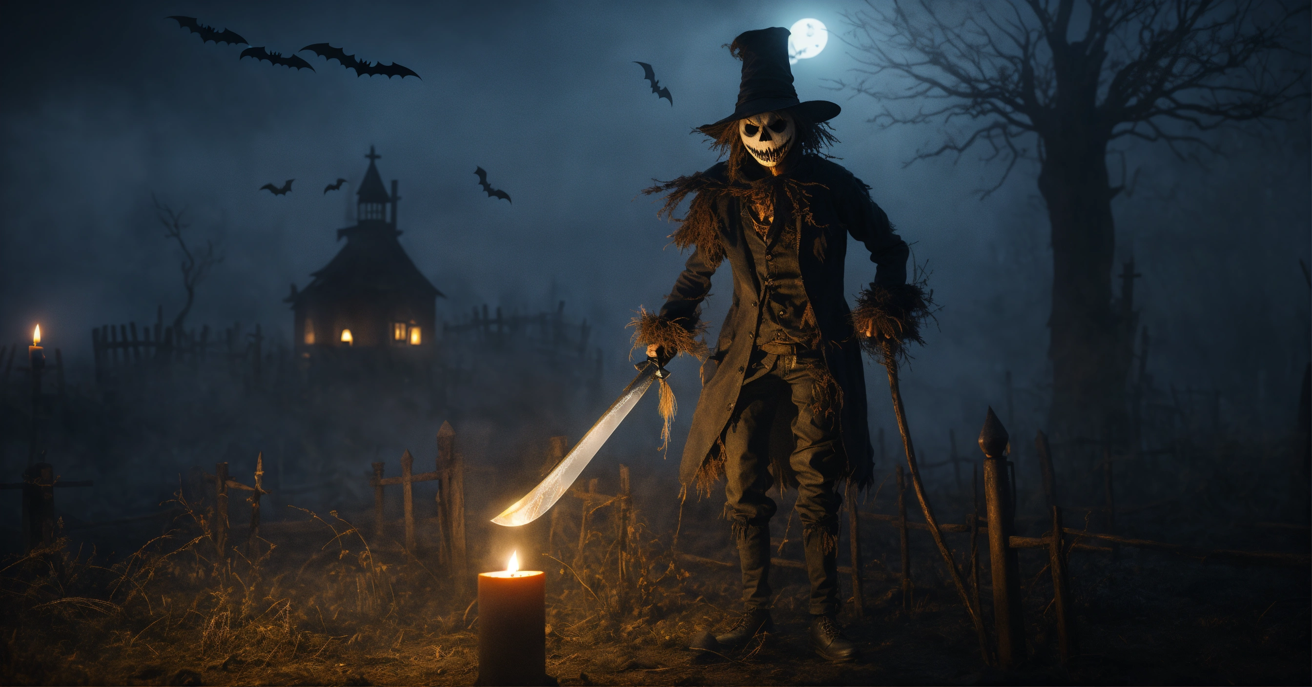 Lexica - A very scary scarecrow holding a large knife, Halloween, night ...