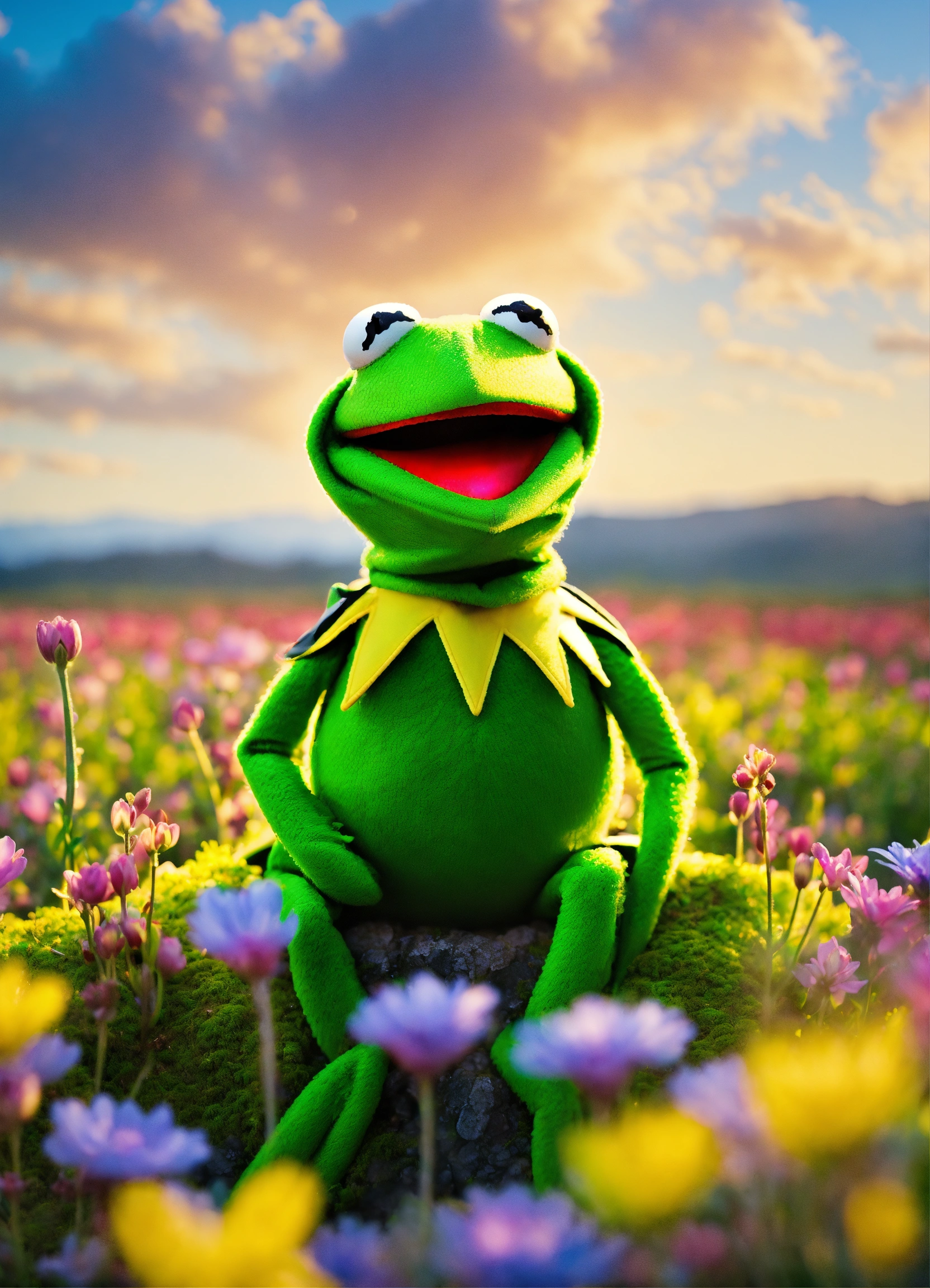 Lexica - Kermit the frog, happy, light, surrounded by a blue sky on a ...