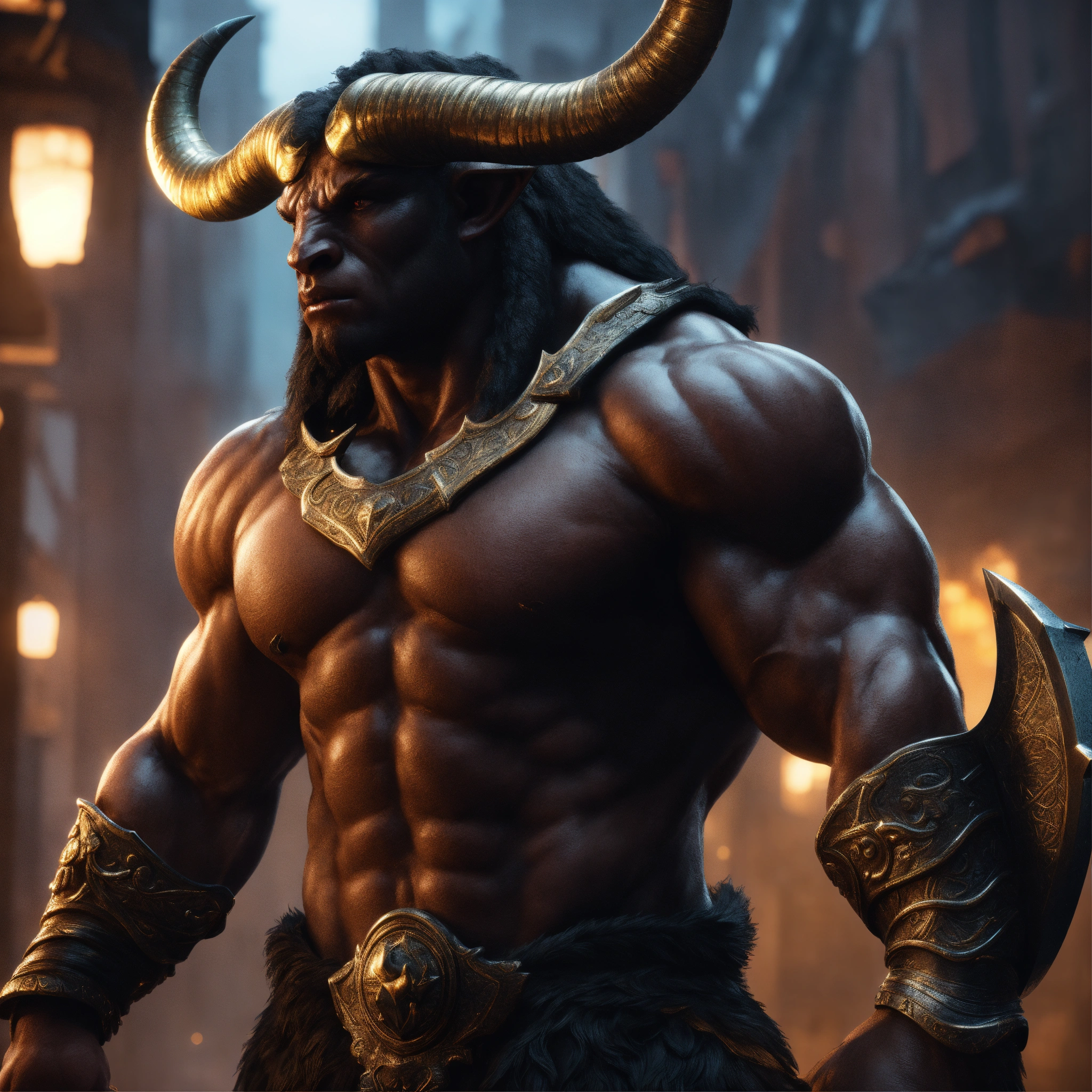 Lexica - Black minotaur, broken horn, holding great axe, profile close ...