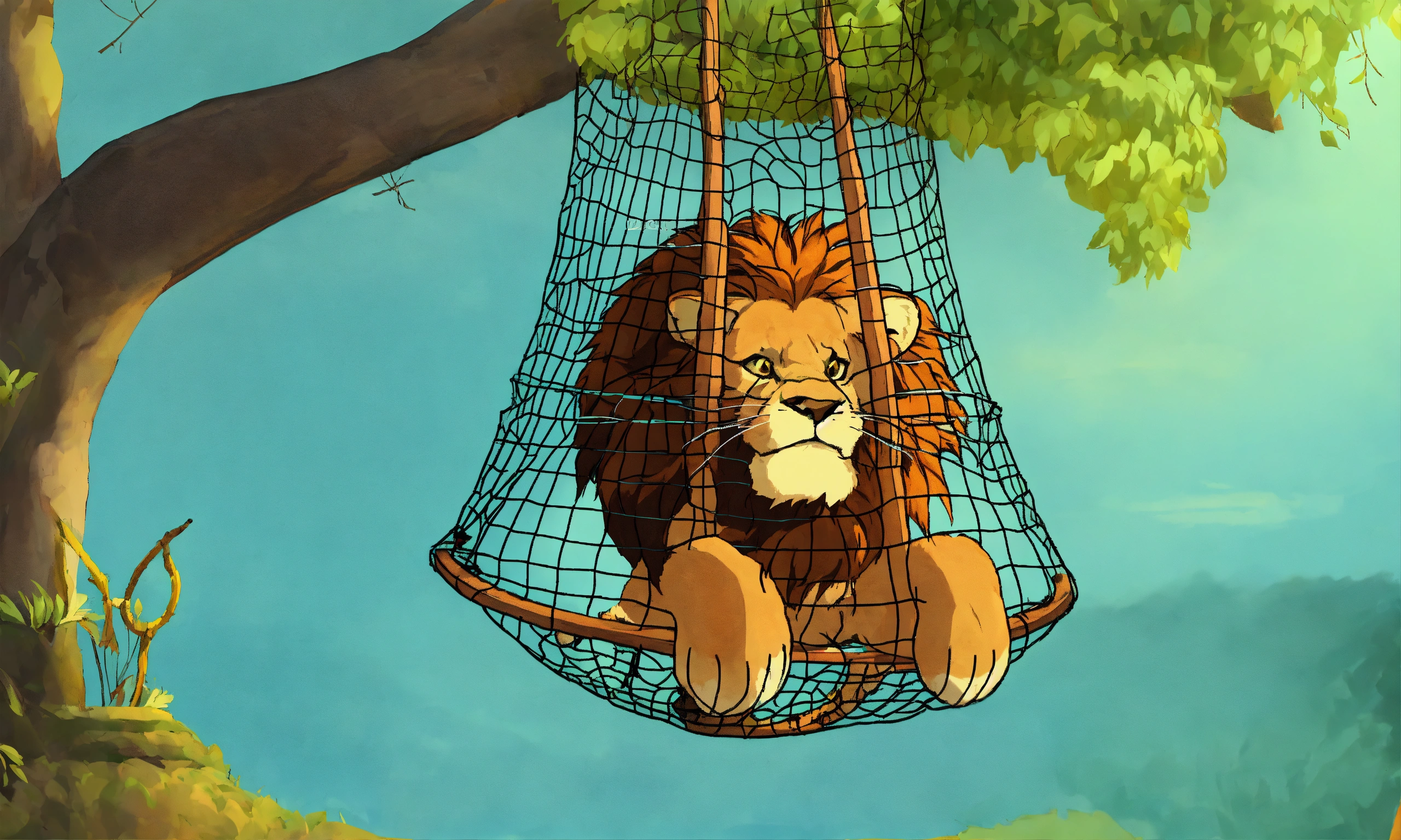 Lexica - Cartoon a net hung to tree upside down and big lion trapped in ...