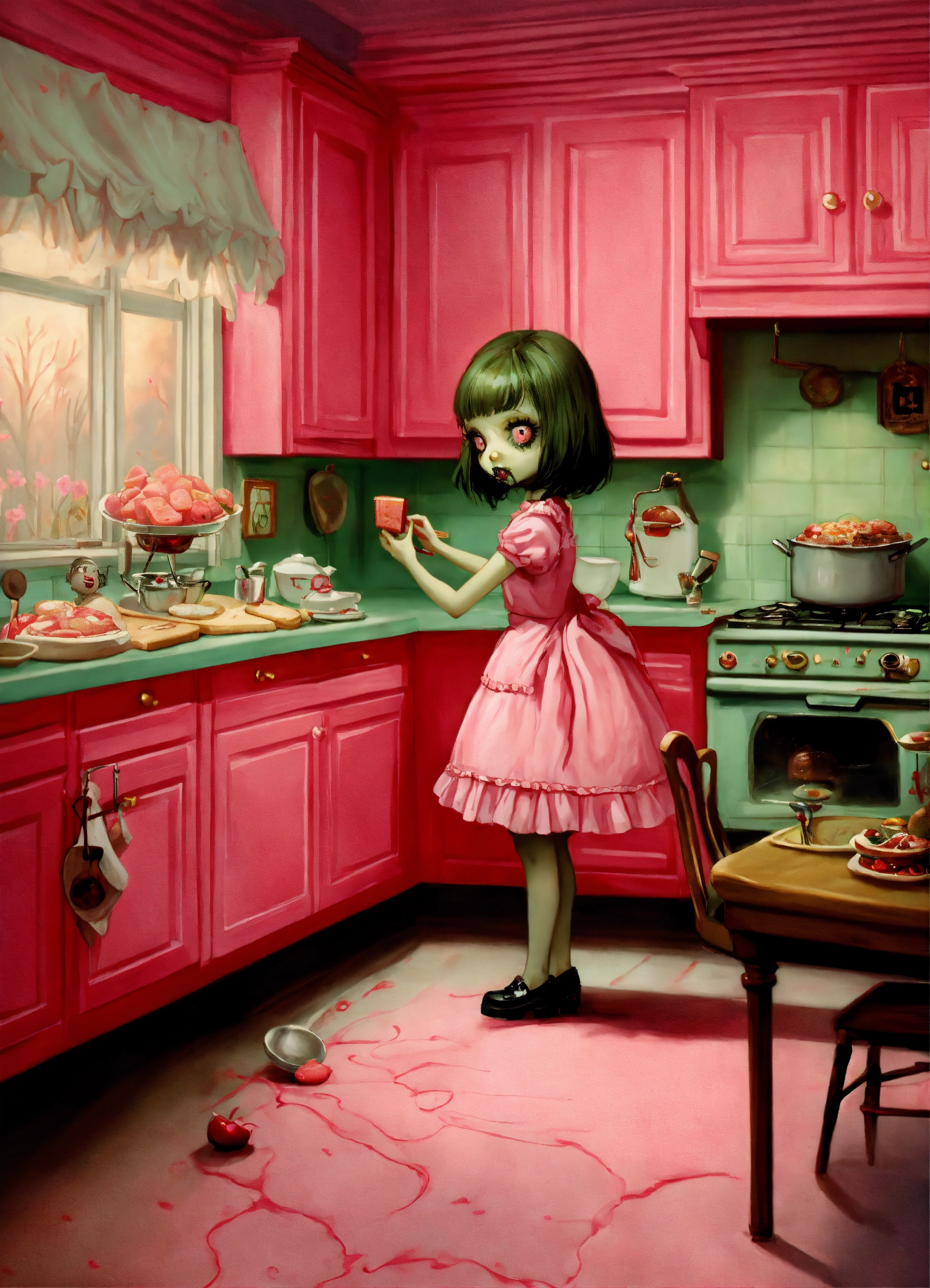 Lexica - Cute zombie girl in a pink kitchen cooking their meal by mark ...